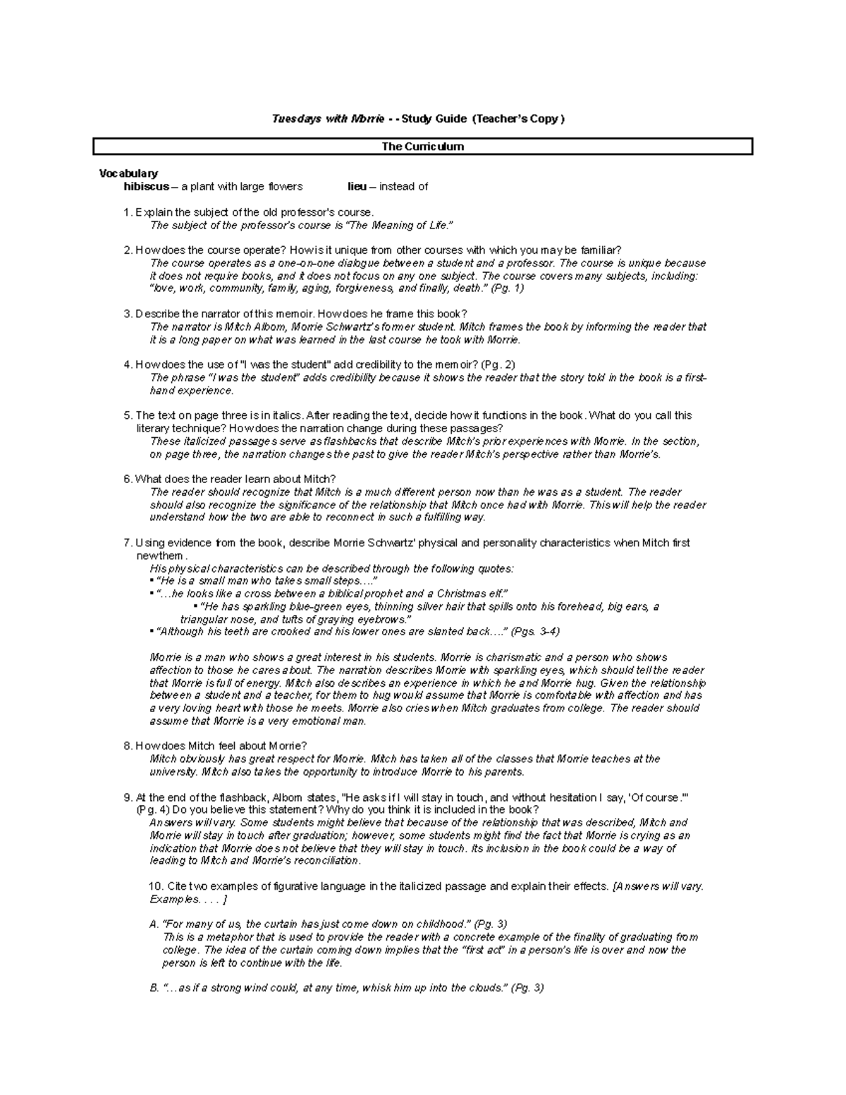 5914972 - Lecture notes 1 - Tuesdays with Morrie - Study Guide (Teacher ...