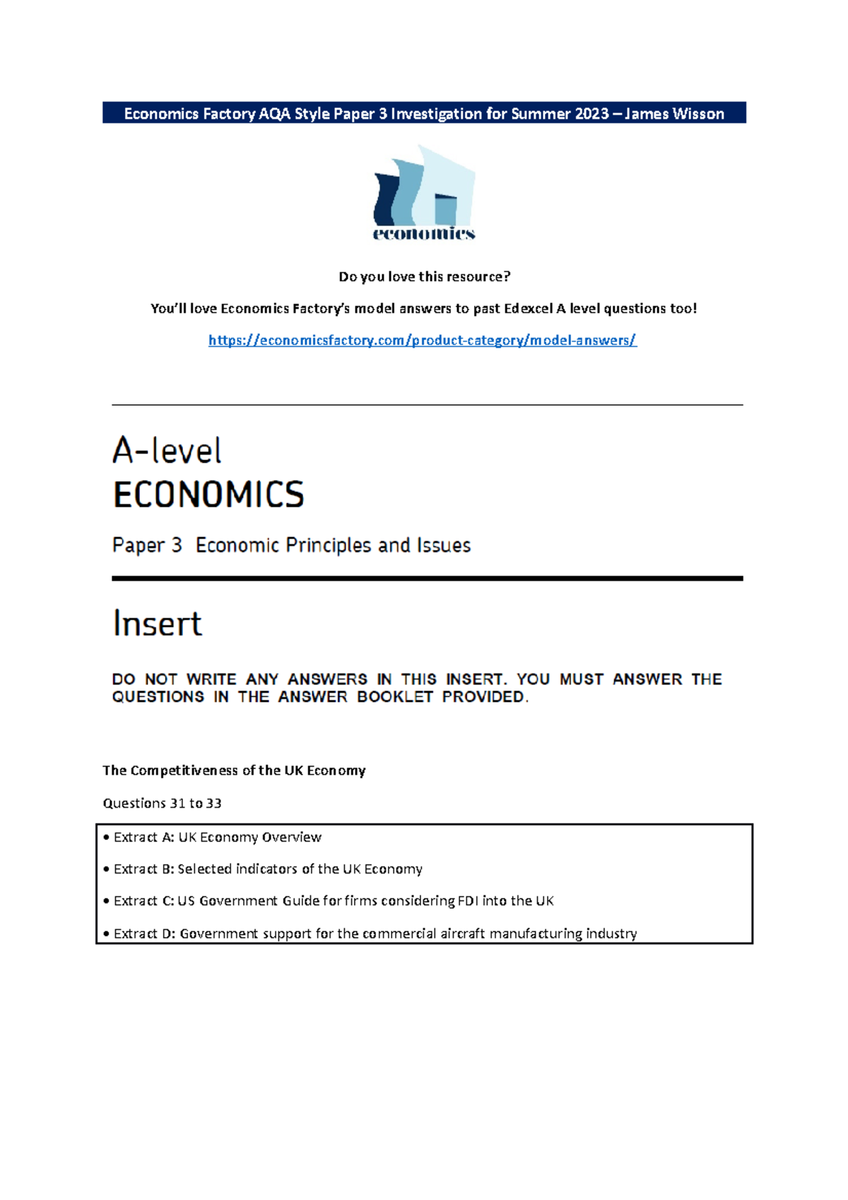 Insert - AQA style Paper 3 Investigation Summer 2023 - Economics ...