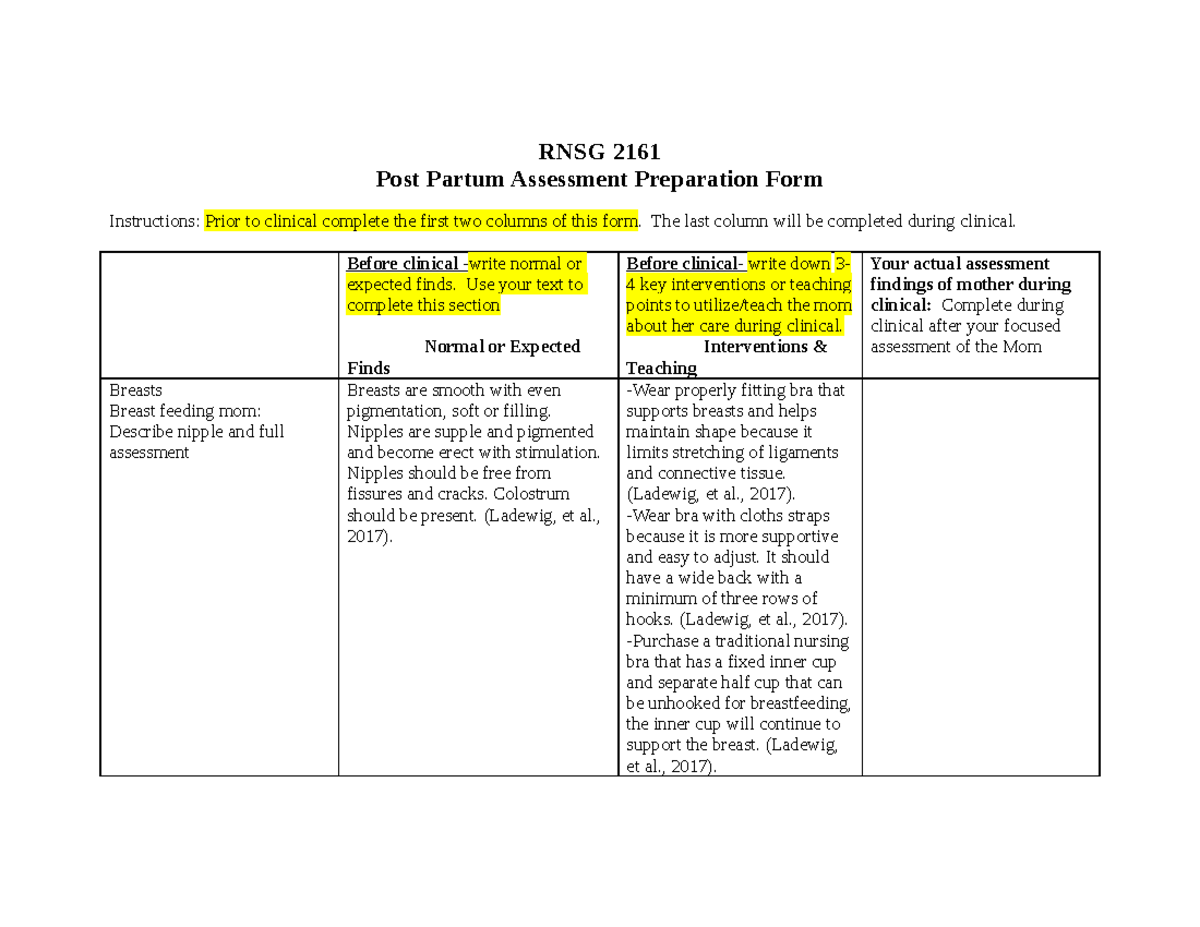 OB Katie Post Partum Assessment Preparation Form Rev - RNSG 2161 Post ...