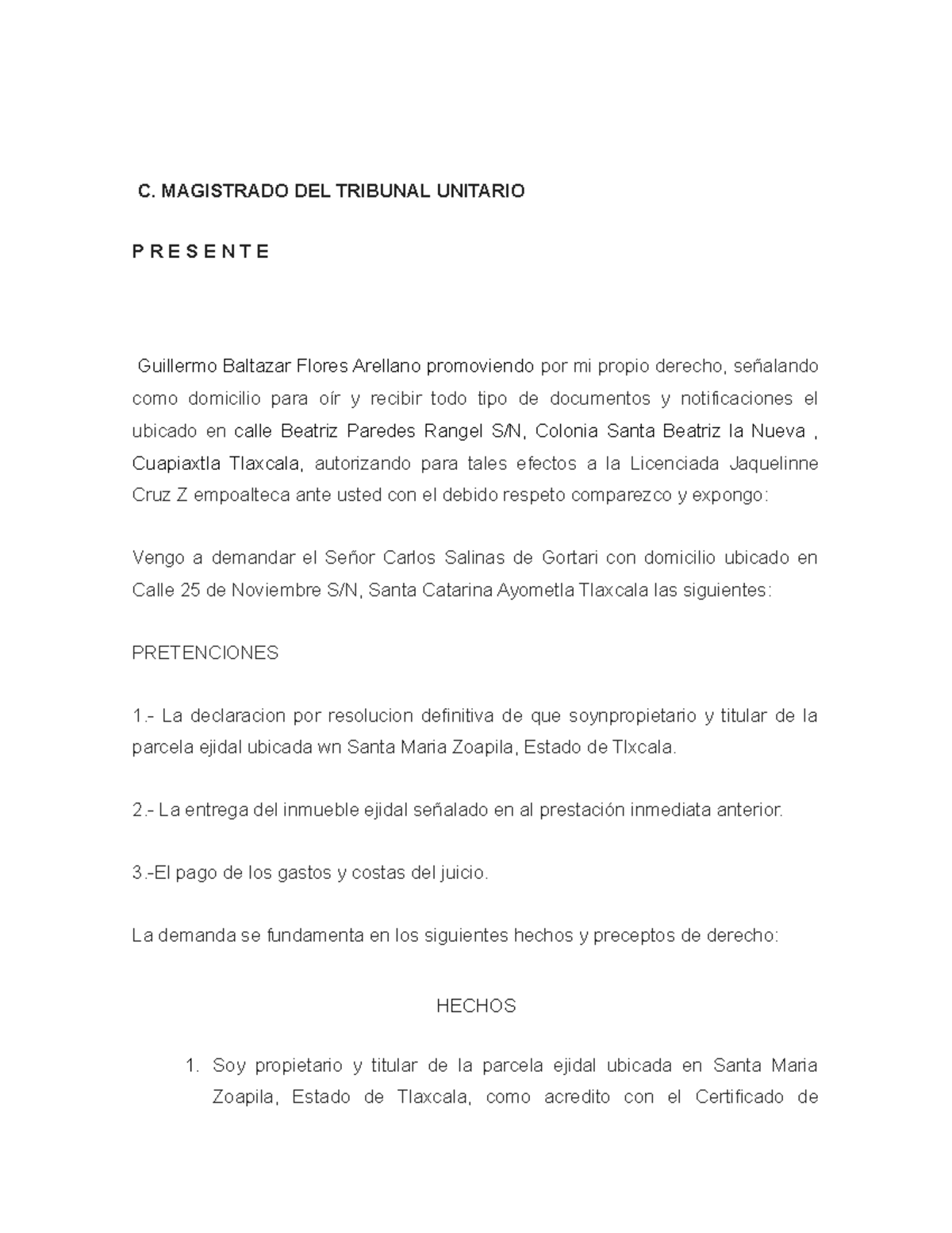 Demanda agraria - C. MAGISTRADO DEL TRIBUNAL UNITARIO P R E S E N T E ...