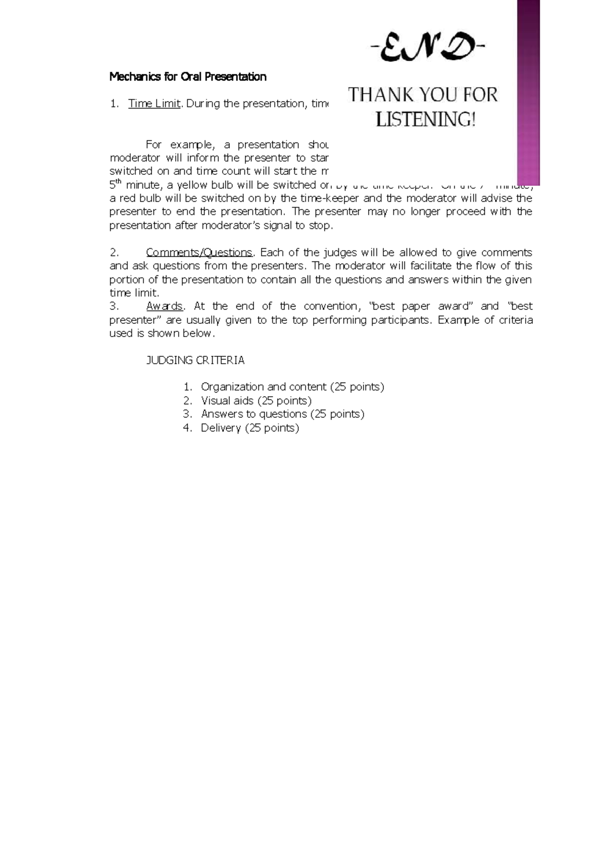 Mechanics for Oral Presentation - During the presentation, time limit ...