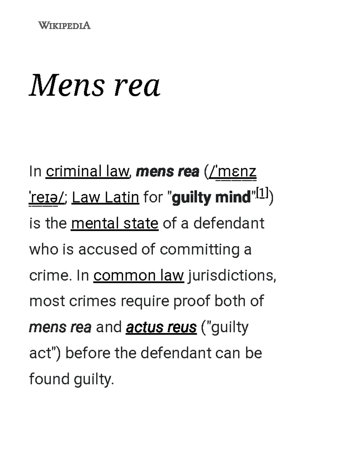 Mens rea - Wikipedia - Mensrea - Mens rea In criminal law, mens rea ...