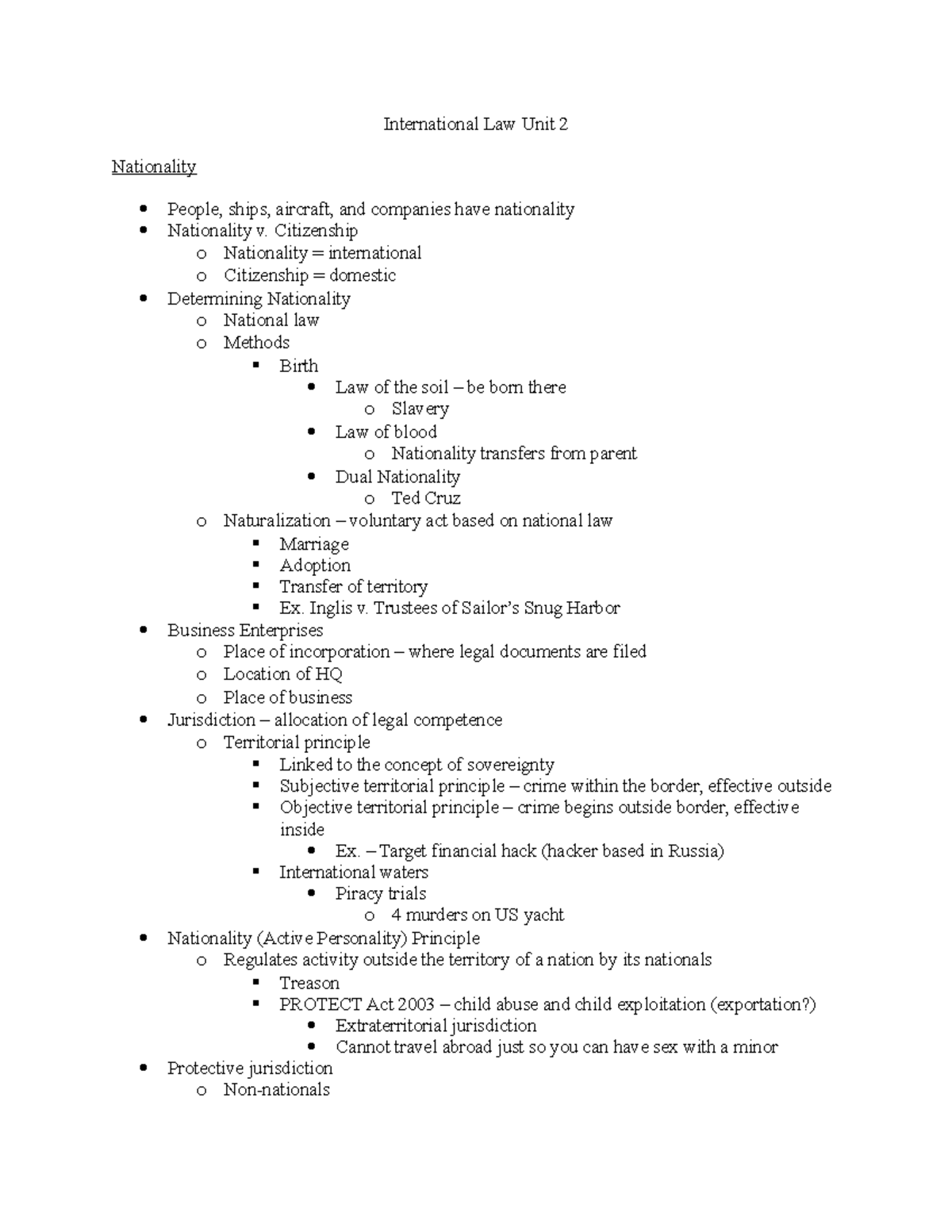 Unit 2 Notes - International Law Unit 2 Nationality People, ships ...