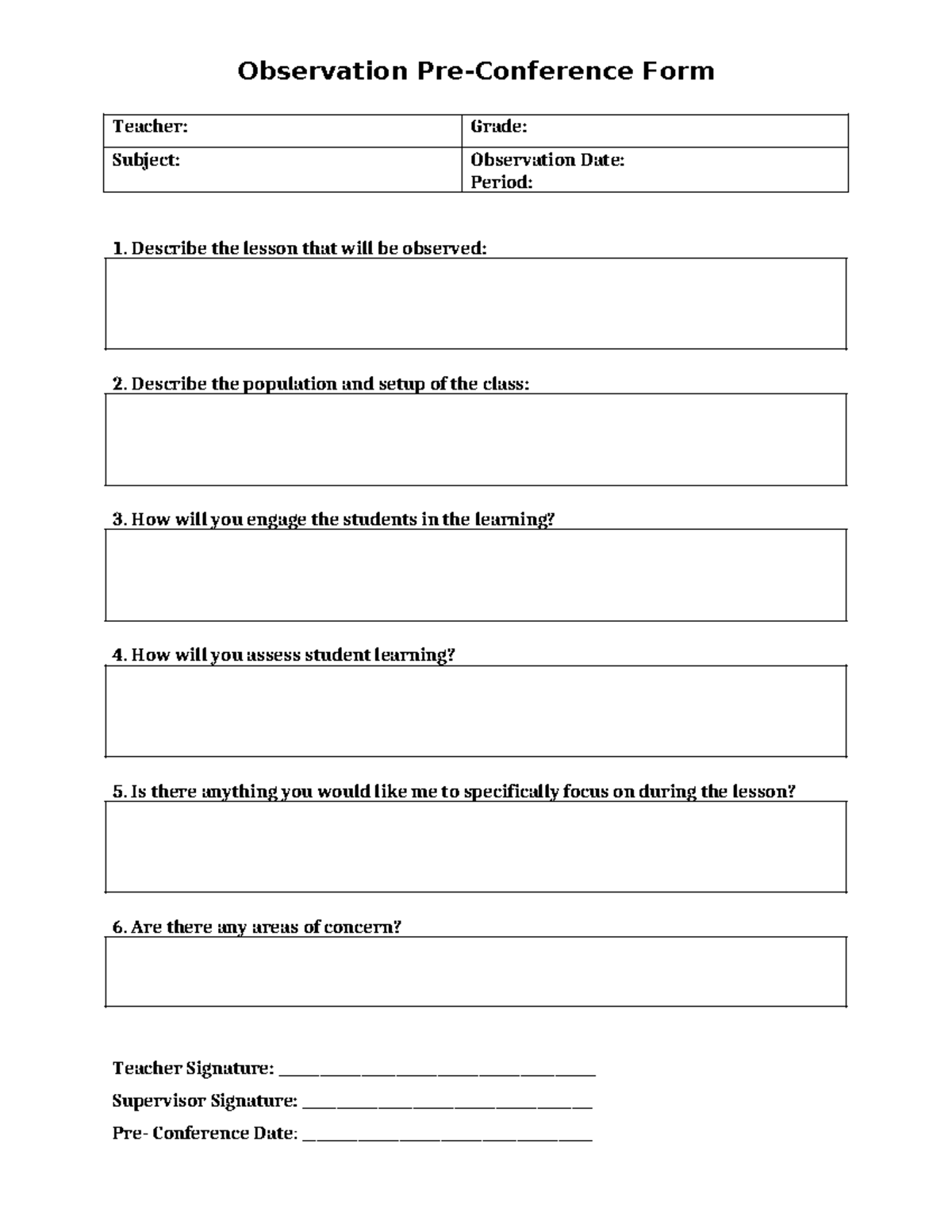 Pre-conference form - None - Observation Pre-Conference Form Teacher ...
