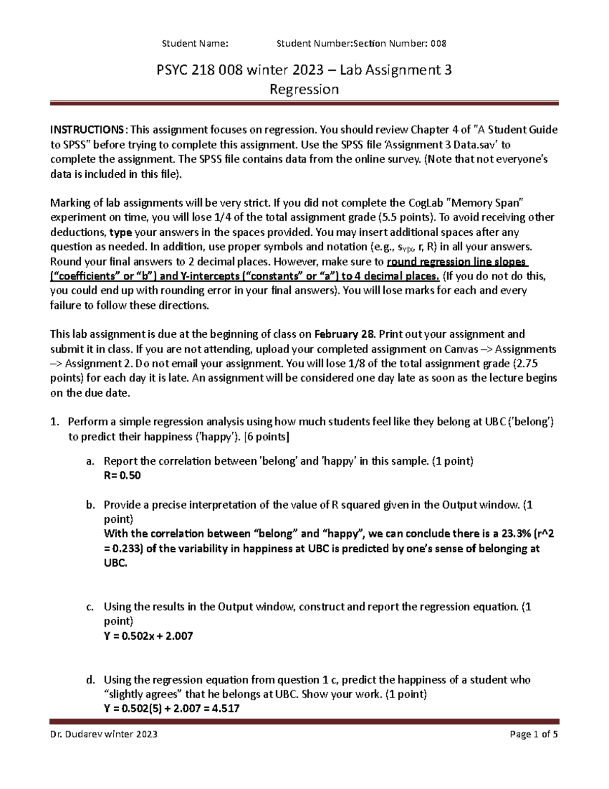 PSYC 218 008 - Assignment 3 - PSYC 218 008 winter 2023 – Lab Assignment 3 Regression ...