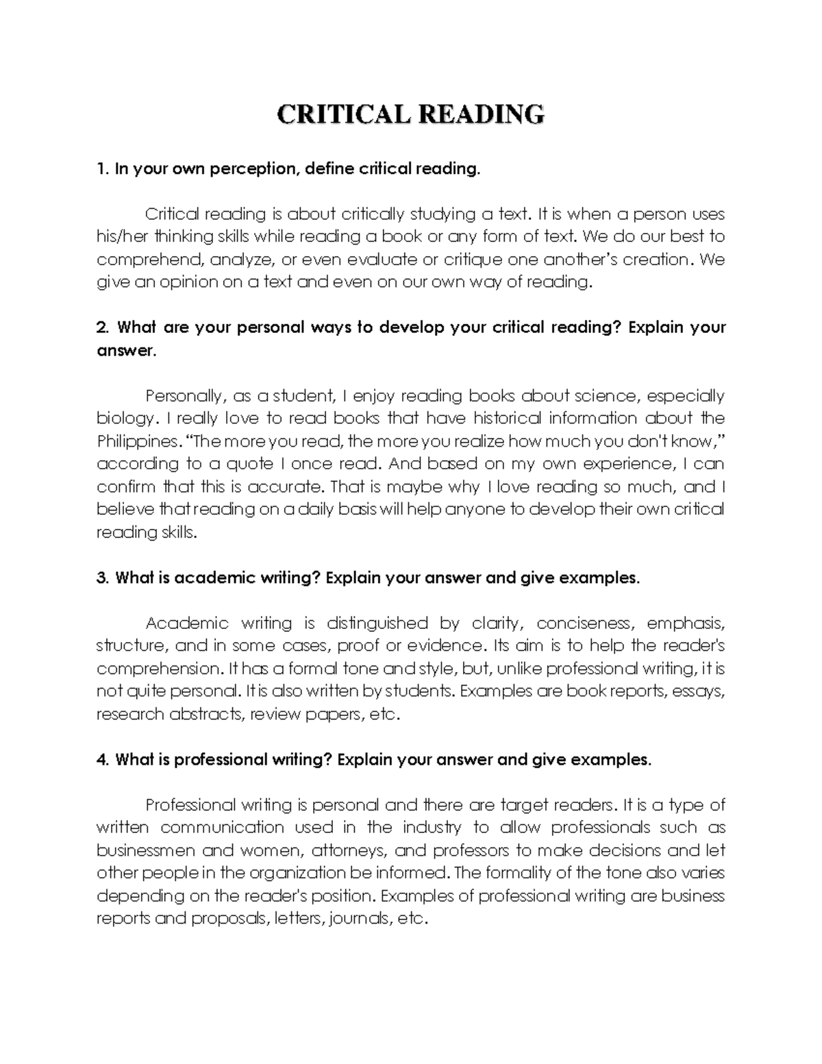 Definition of Critical Reading (Assignment) - CRITICAL READING In your ...