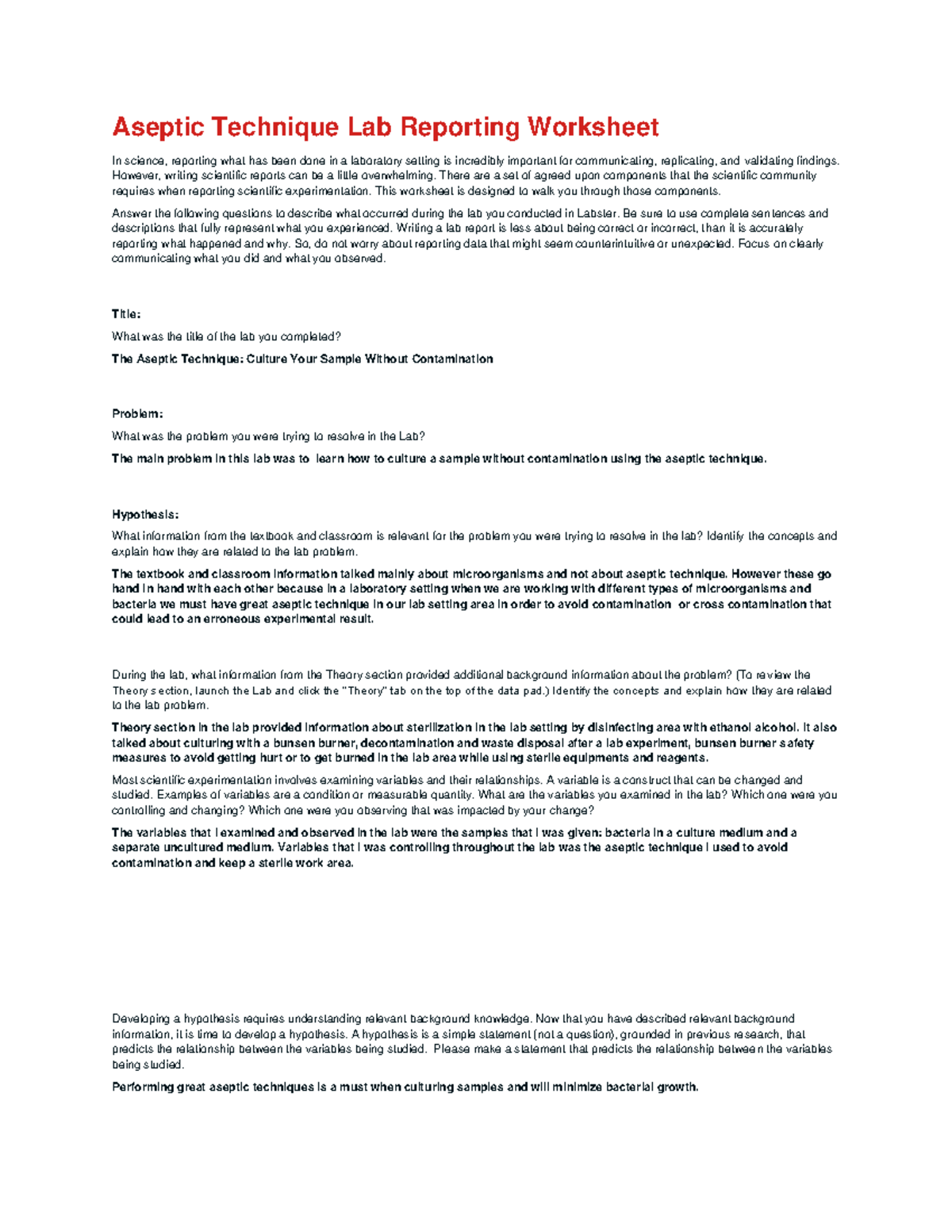 Word Lab report 1 - lab - Aseptic Technique Lab Reporting Worksheet In ...
