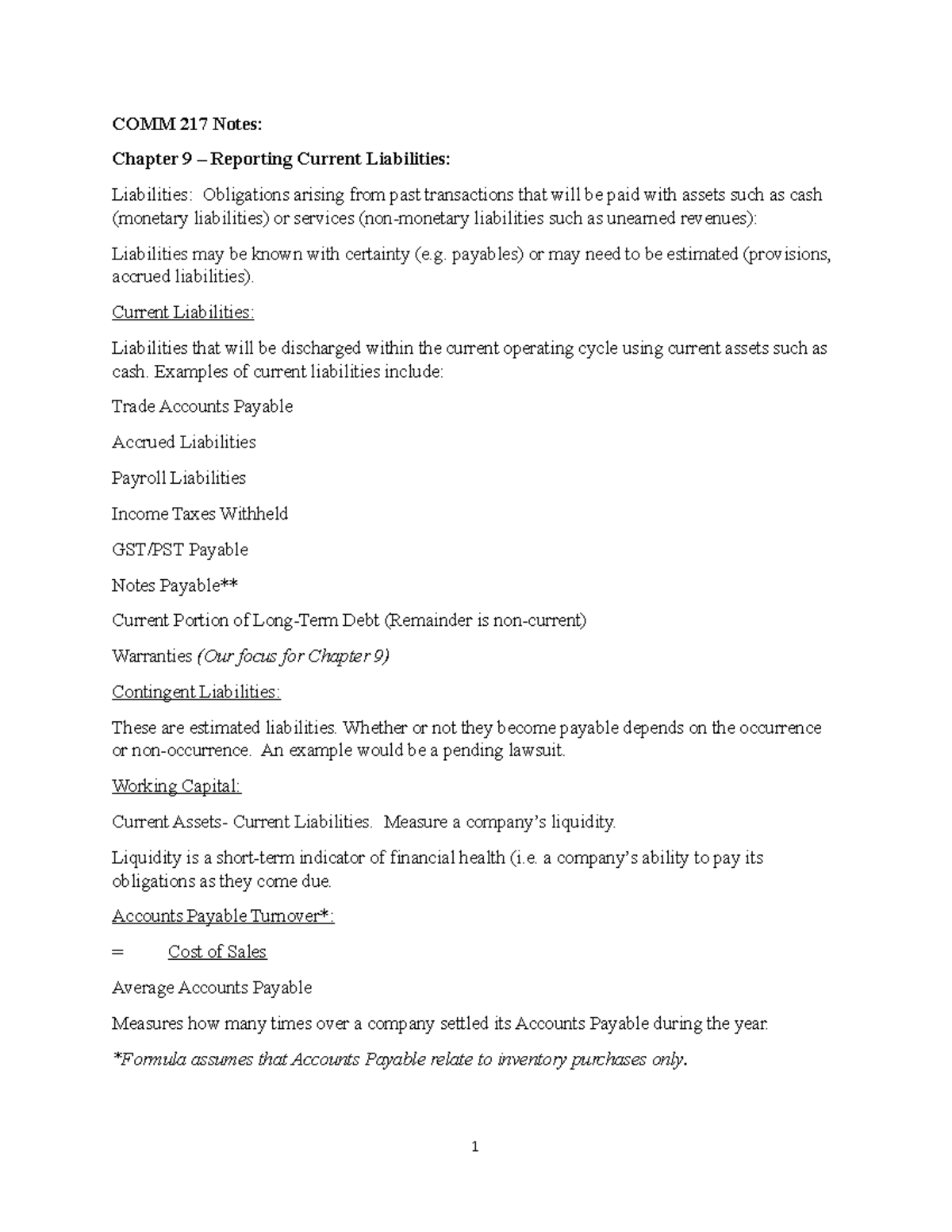 Chapter 9-10 Notes - COMM 217 Notes: Chapter 9 – Reporting Current ...