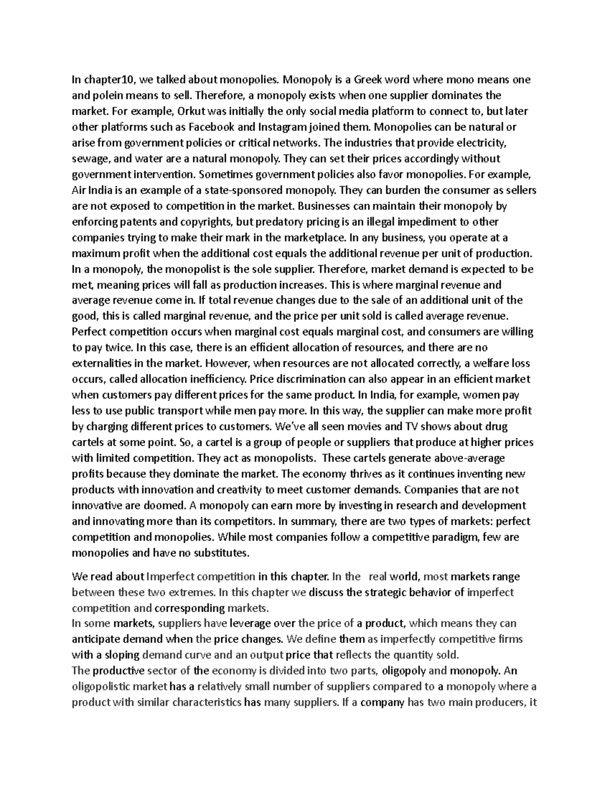 Document 4 Summary Of Chapter 10 And 11 In Chapter10 We Talked About Monopolies Monopoly 