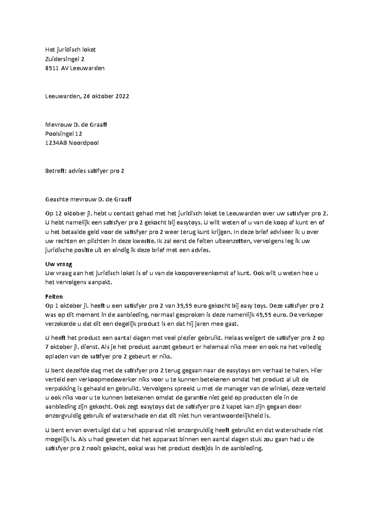 Adviesbrief Satisfyer pro 2 - Het juridisch loket Zuidersingel 2 8911 ...