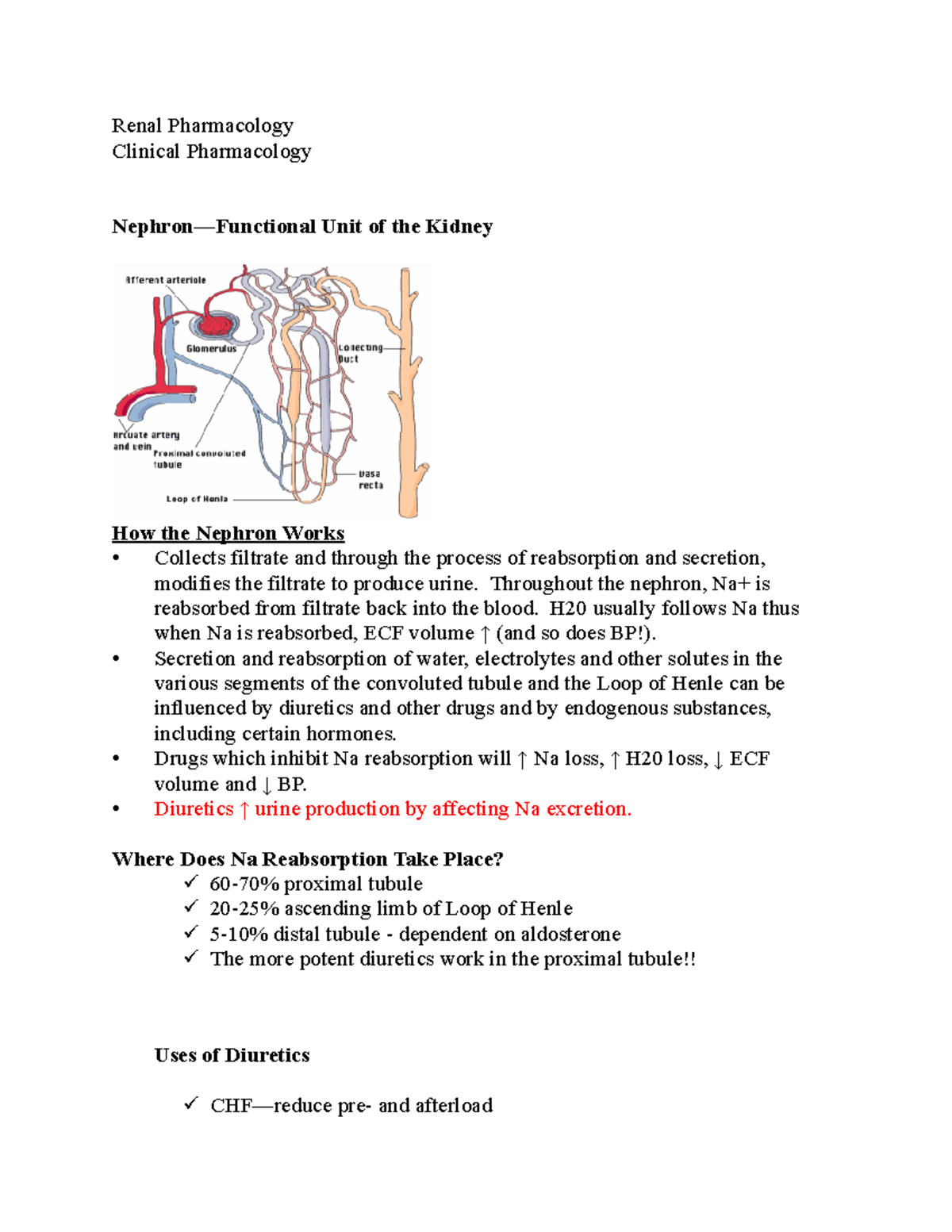 Renal Pharmacology - notes - Renal Pharmacology Clinical Pharmacology ...