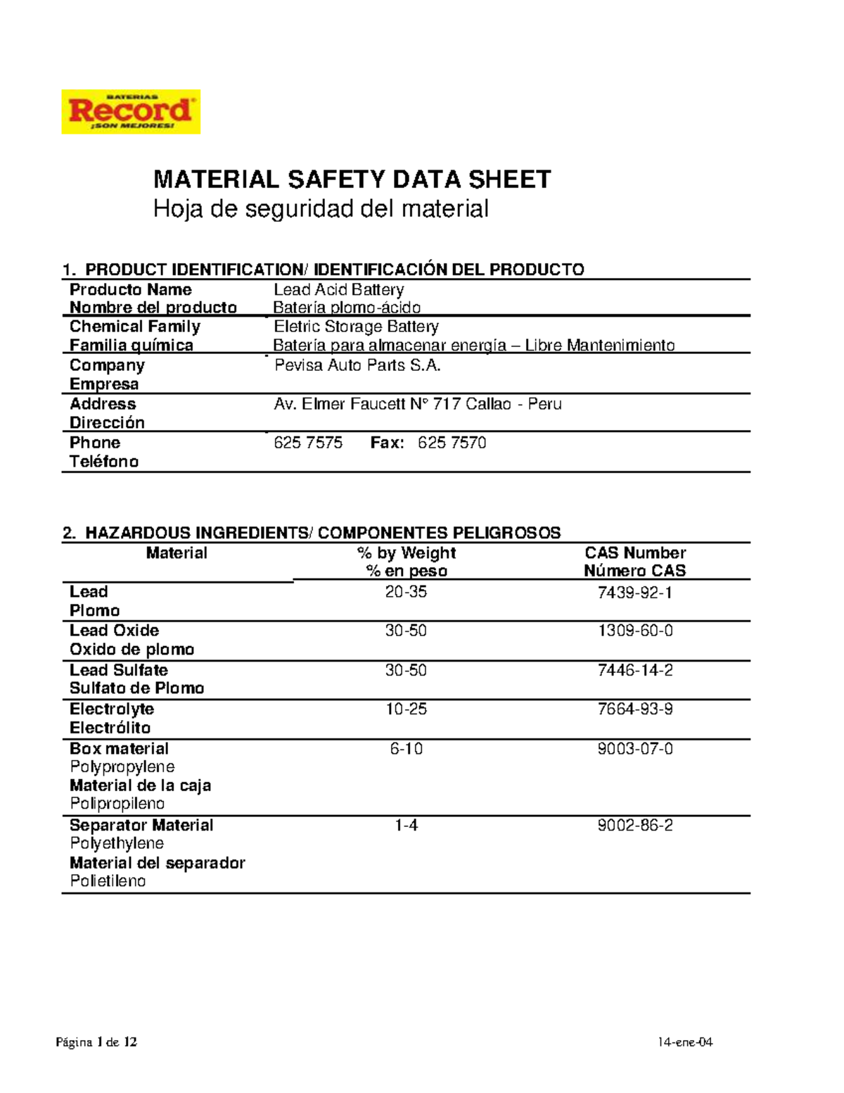 7. Hojas de Seguridad (MSDS) - Página 1 de 12 14-ene- MATERIAL SAFETY DATA SHEET Hoja de ...