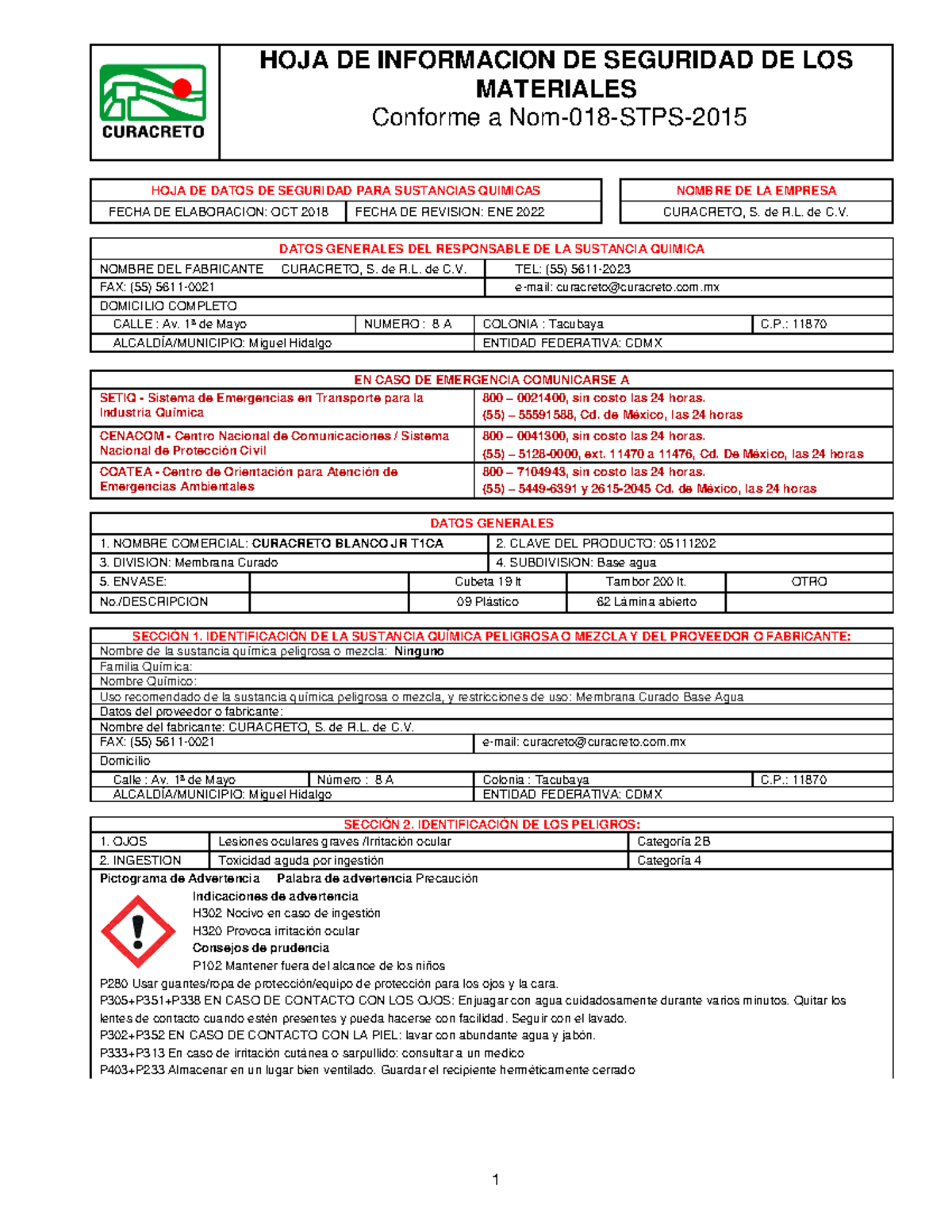 Curacreto Blanco JR T1CA-NOM-018 - HOJA DE INFORMACION DE SEGURIDAD DE LOS MATERIALES Conforme a ...