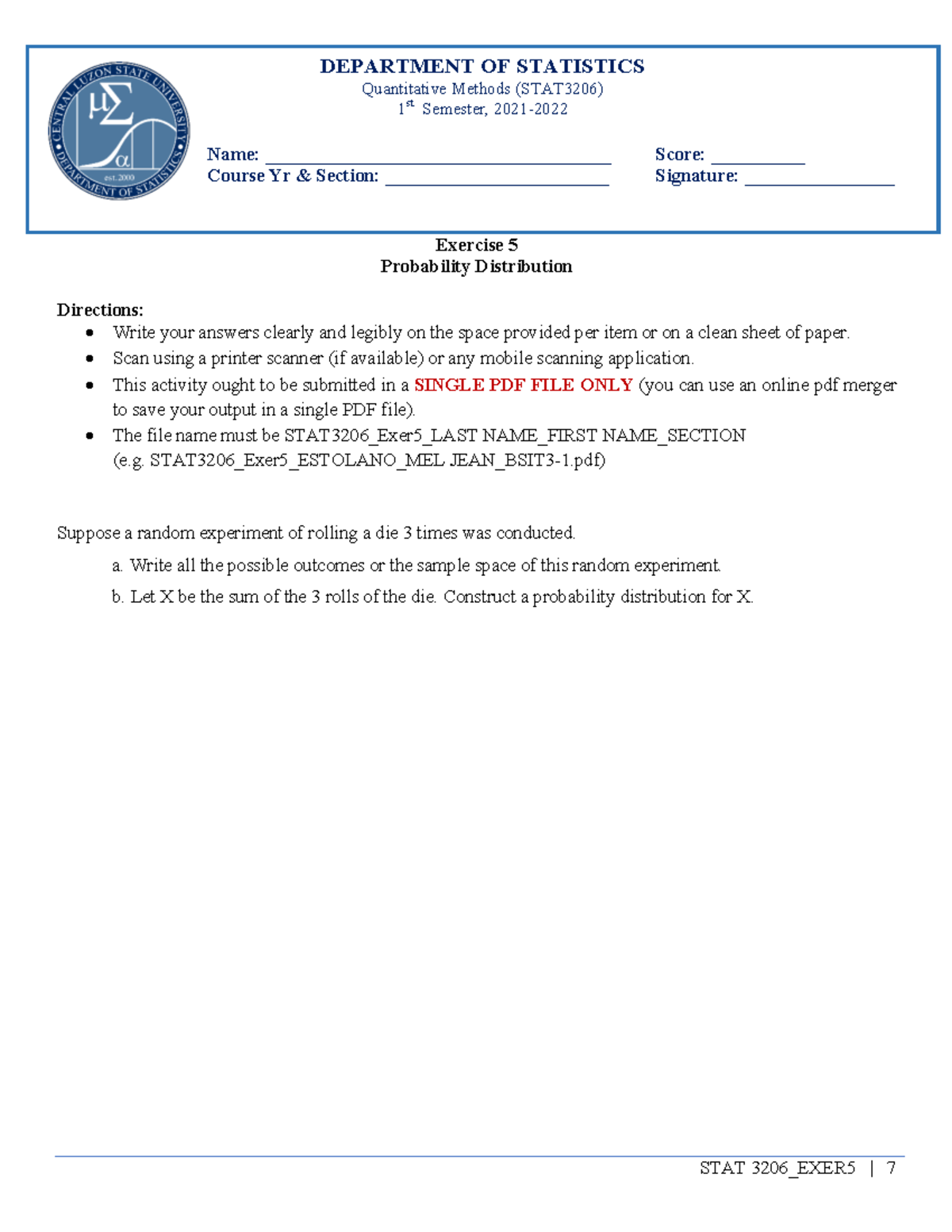 STAT3206 Exercise 5_questions - Educational Statistics - NVSU - Studocu