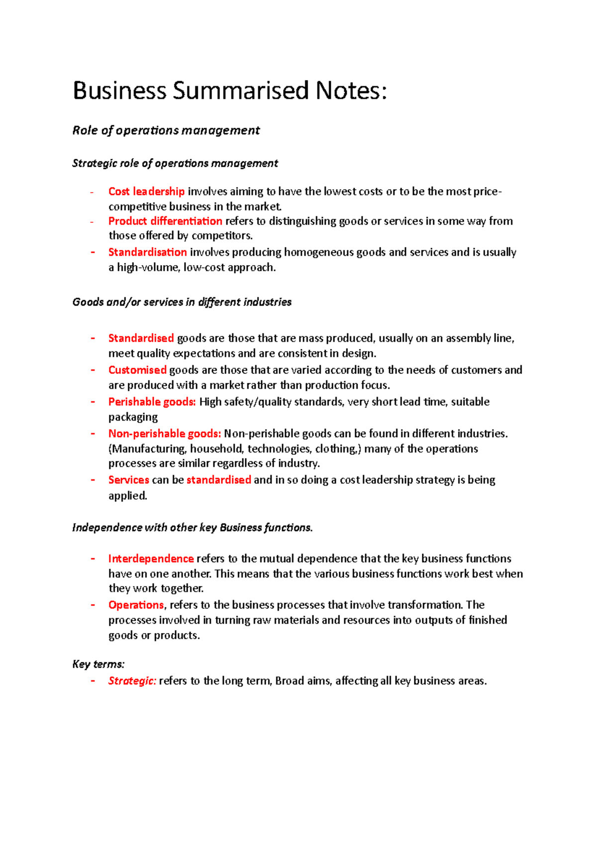 Summarised Business Notes - Business Summarised Notes: Role of ...