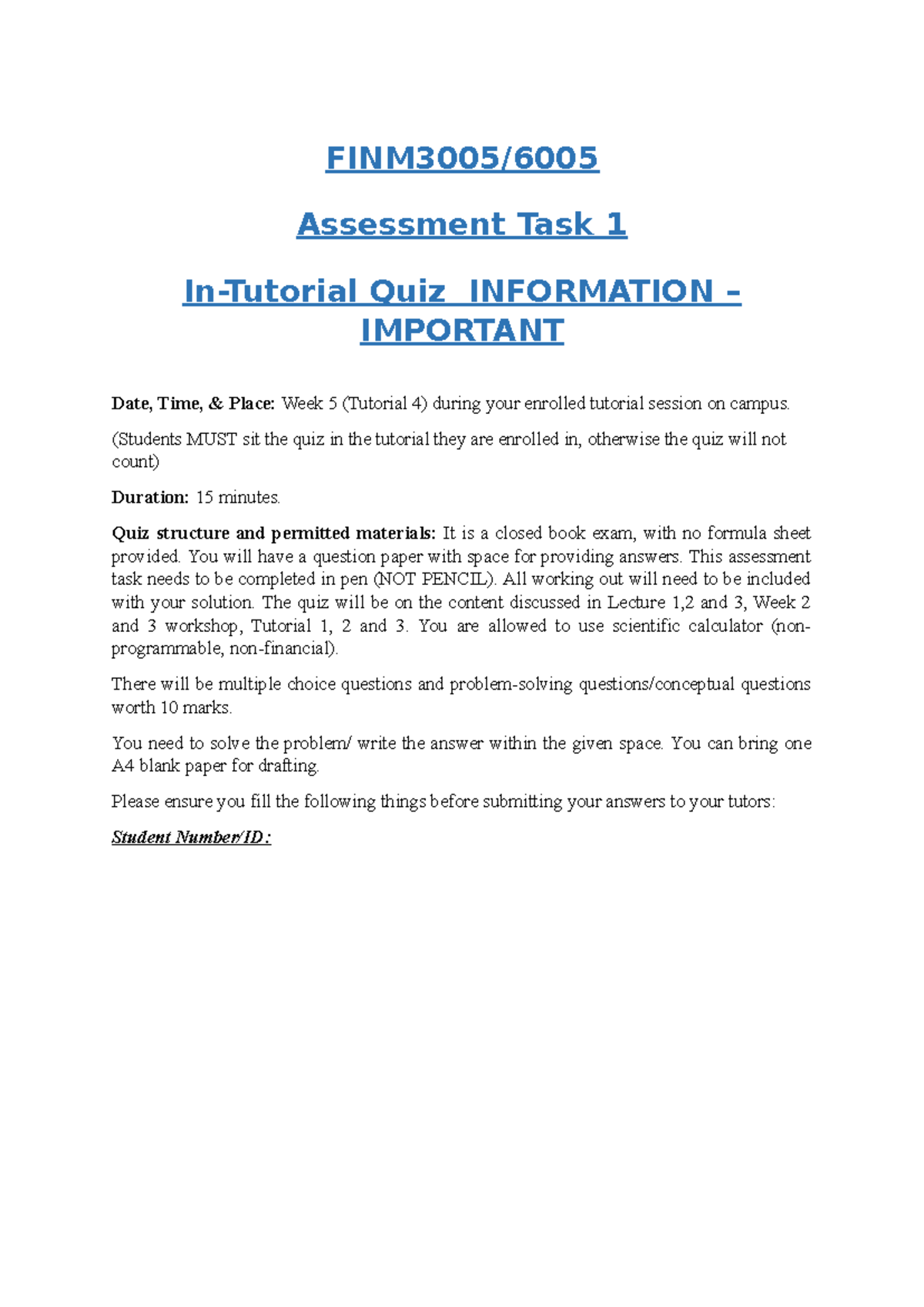 In-tutorial quiz - quiz information - FINM3005/ Assessment Task 1 In ...