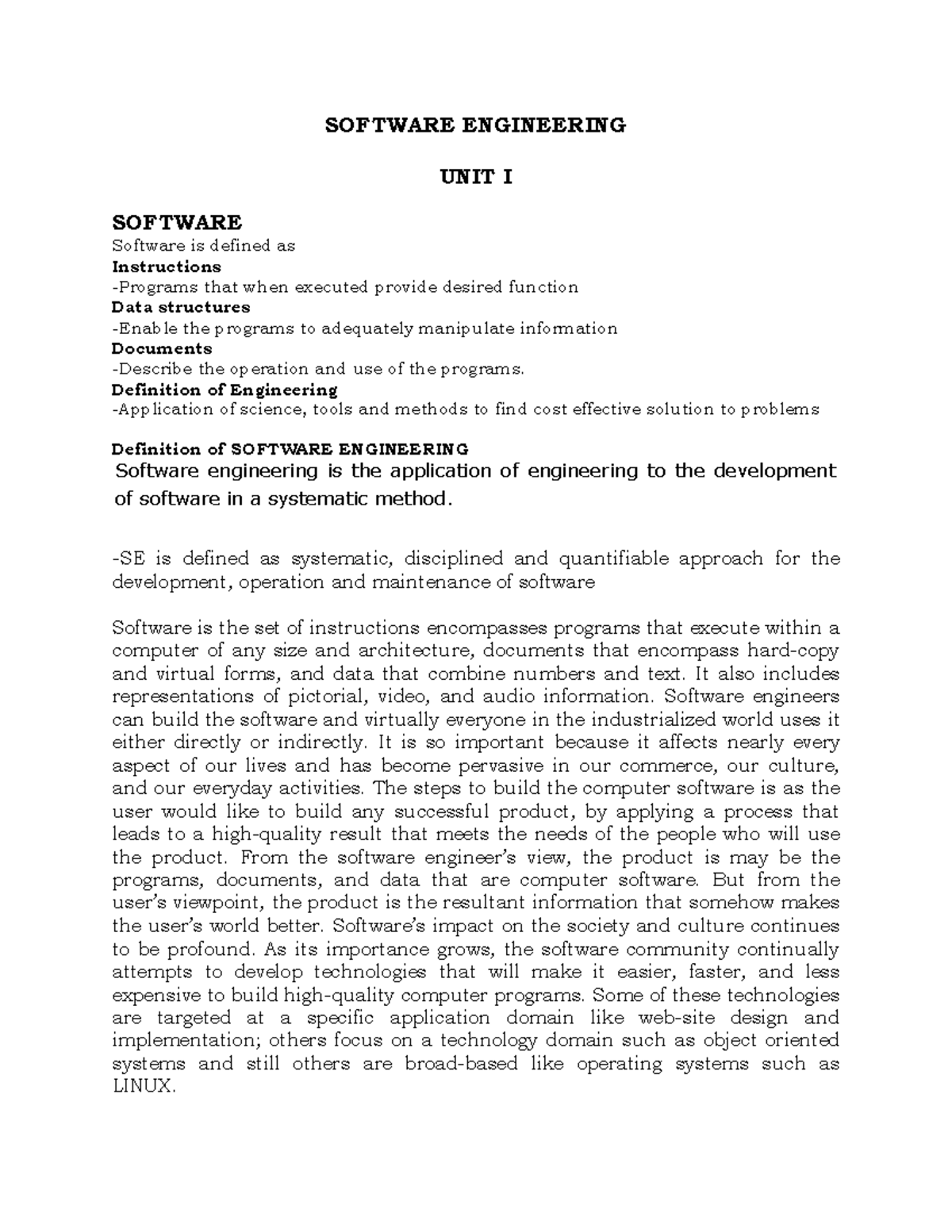 M.Sc IT 2 yr subject Software Engineering old regulations (1) - SOFTWARE ENGINEERING UNIT I ...