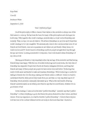 Unit 9 Reflection Paper - Riya Shah Core III Professor White October 22 ...