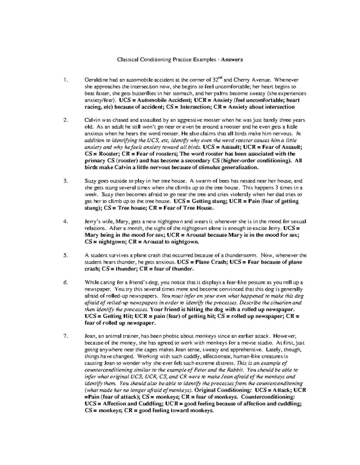 Psy202handout 5answers - Classical Conditioning Practice Examples ...