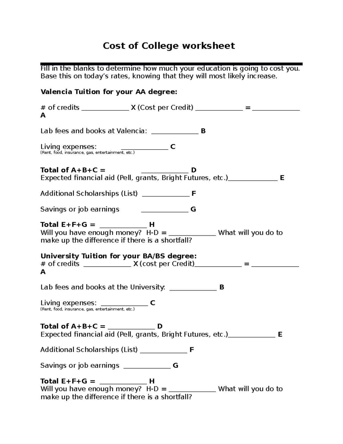 Cost of College worksheet-1 - Cost of College worksheet Fill in the ...