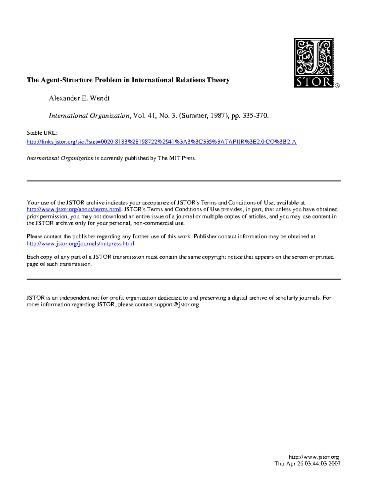 Wendt - The agent structure Problem in International Relations Theory ...