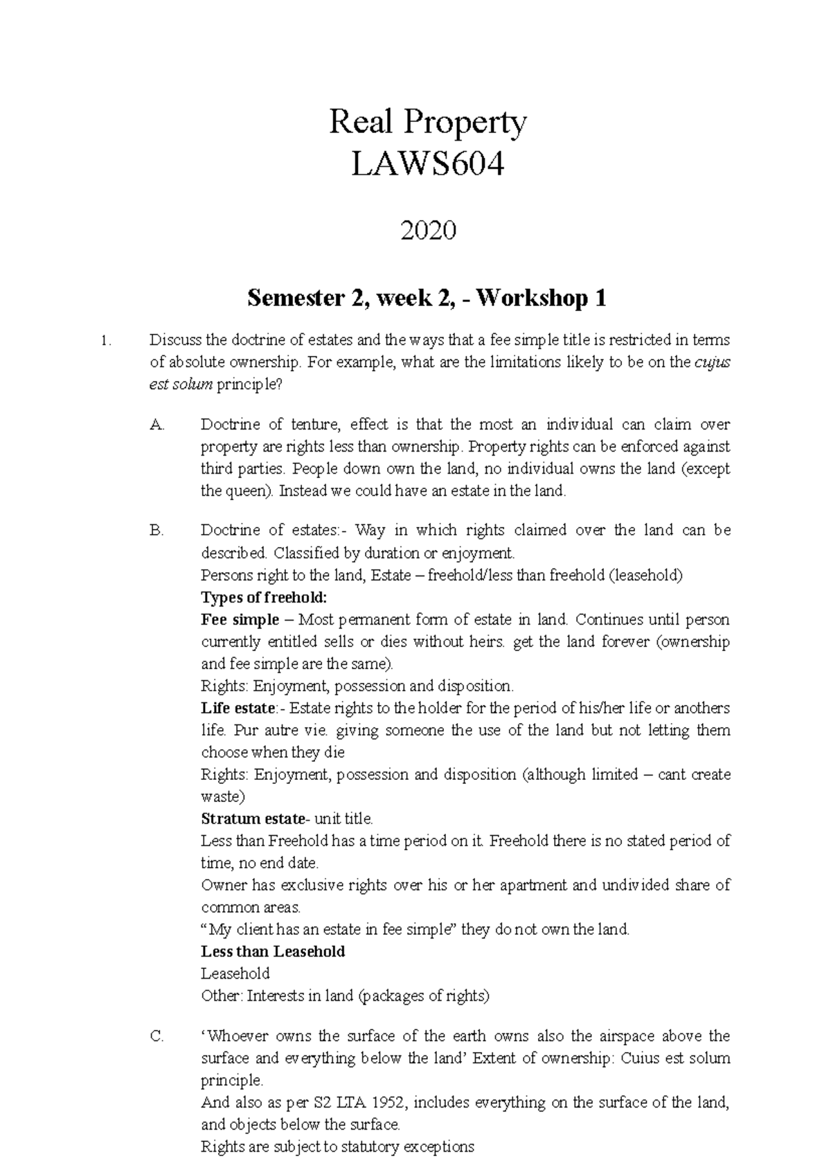 Semester 2, week 2, - Workshop 1 - Real Property LAWS 2020 Semester 2 ...