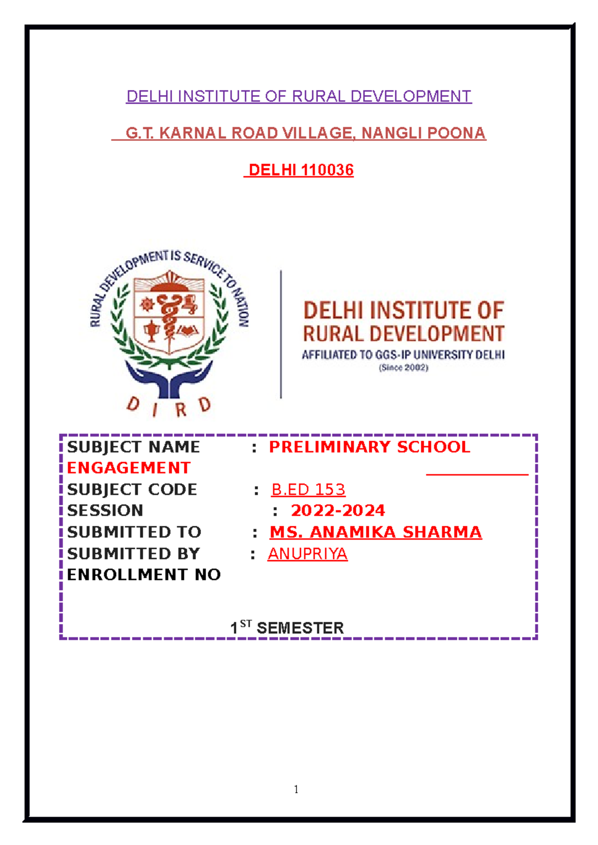 PSE file for 2022-24 - DELHI INSTITUTE OF RURAL DEVELOPMENT G. KARNAL ...