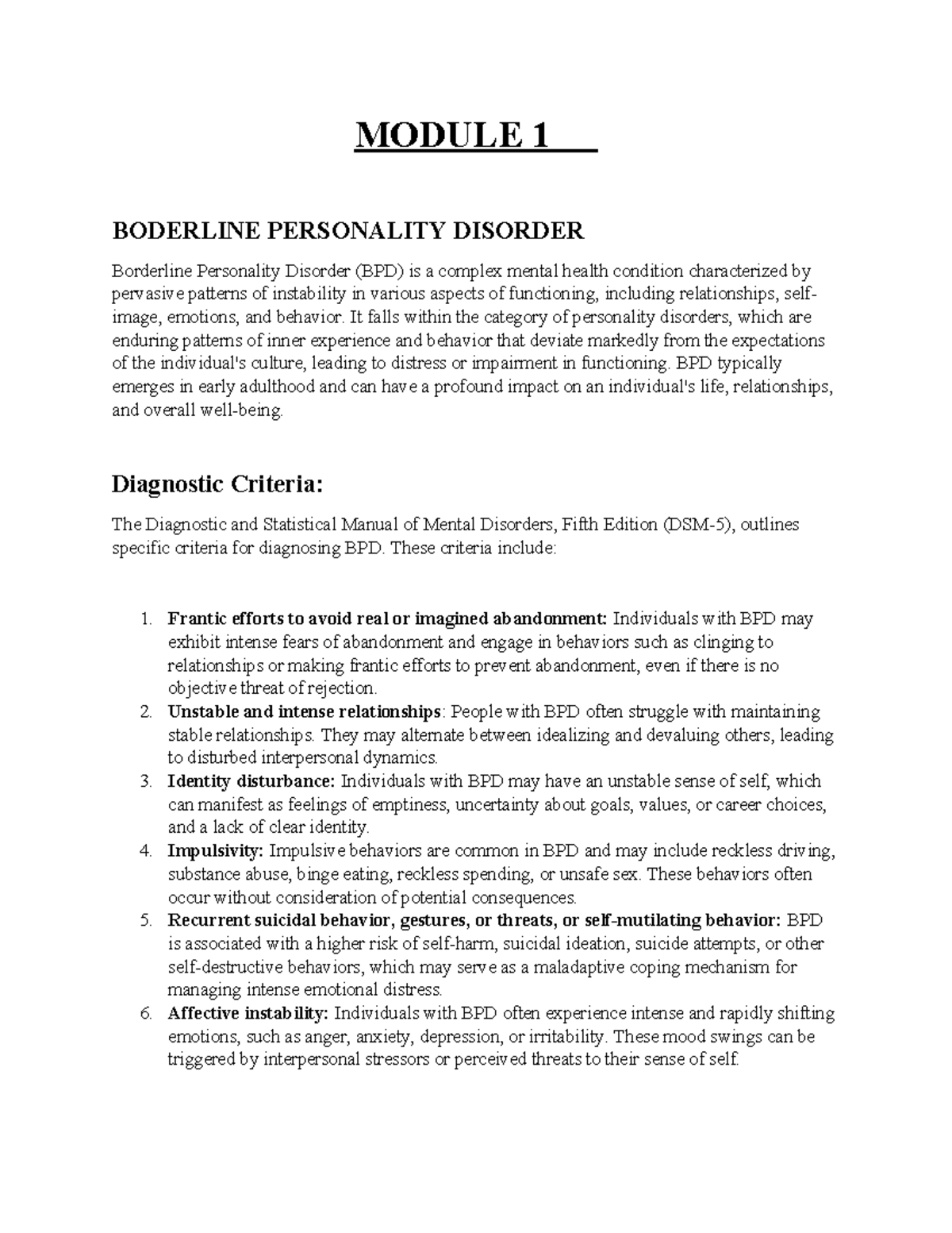 Module 1 - Summary Dialectical behaviour therapy - MODULE 1😊 BODERLINE PERSONALITY DISORDER ...