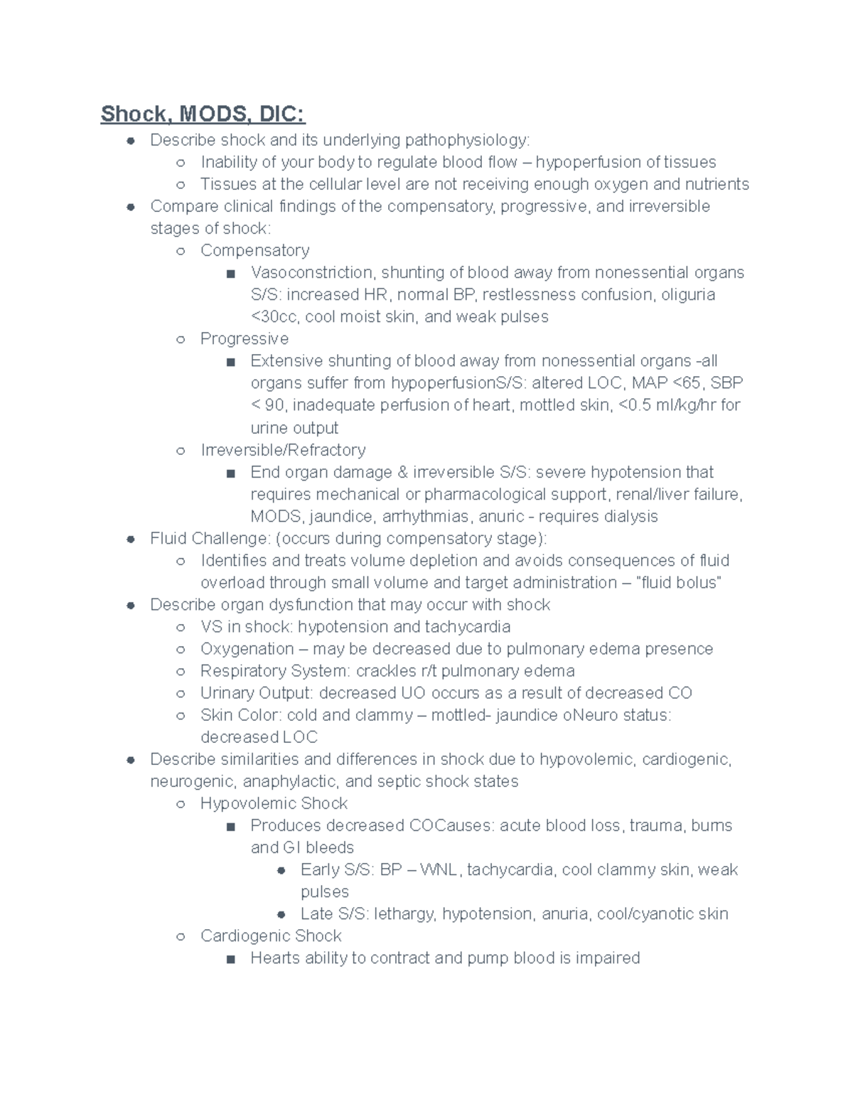 Exam 1 Study Guide NUR480 - Shock, MODS, DIC: Describe shock and its ...