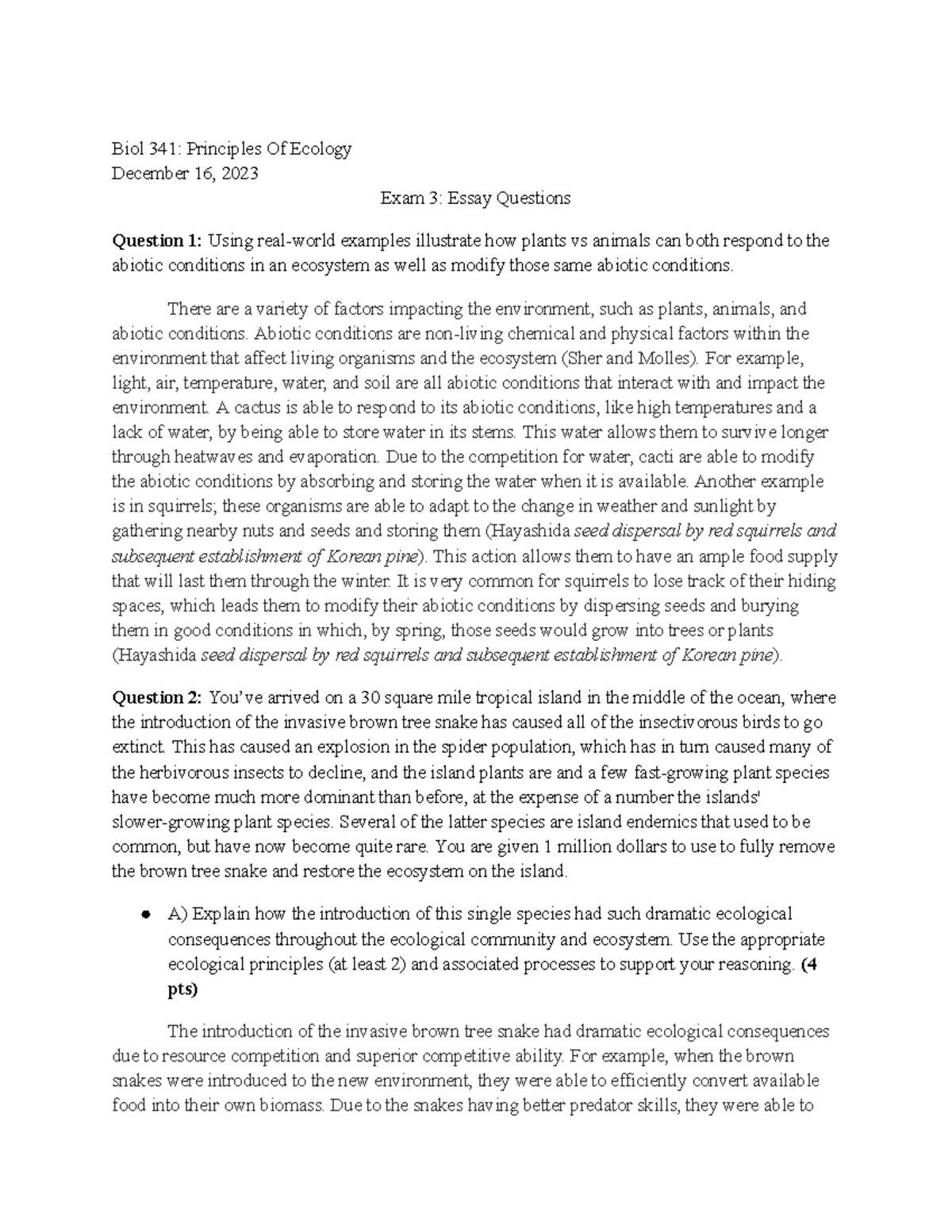 Ecology: Exam 3 - Essay exam 3 - Biol 341: Principles Of Ecology ...