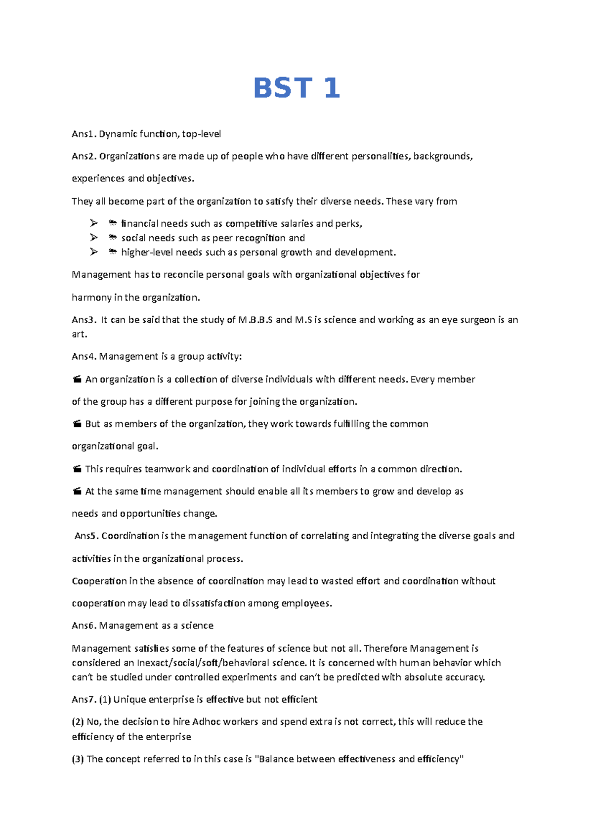 BST 1 - it is mandatory - BST 1 Ans1. Dynamic function, top-level Ans2 ...