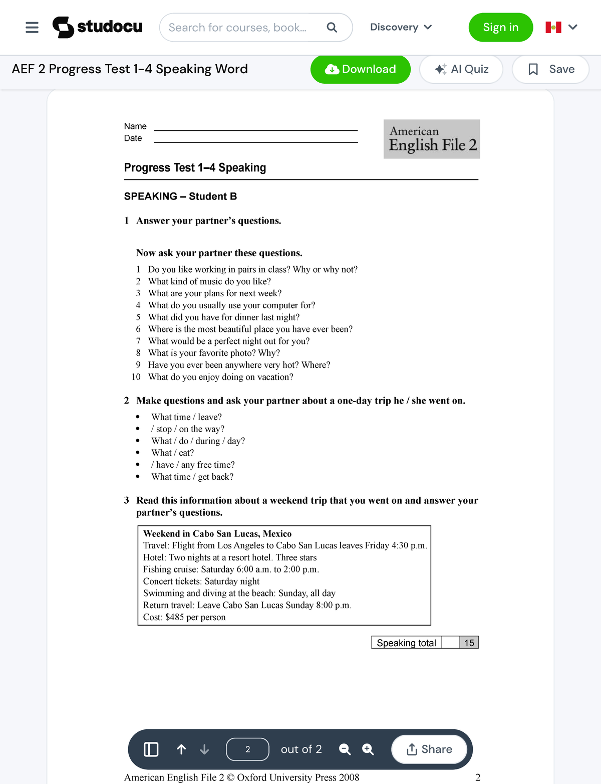 AEF 2 Progress Test 1-4 Speaking Word - Name Date - Studocu - American ...