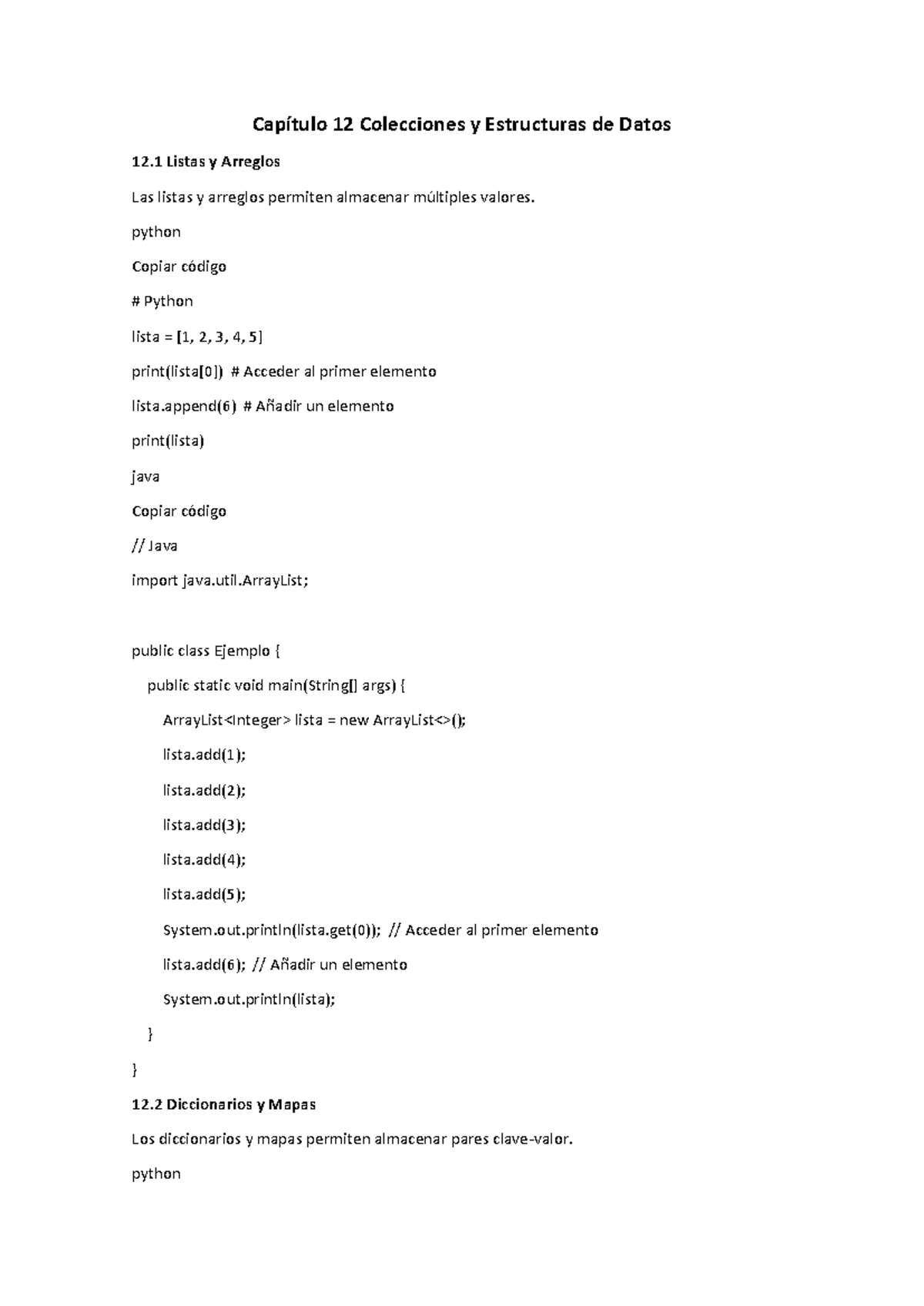12Capítulo 12 Colecciones y Estructuras de Datos - python Copiar código ...