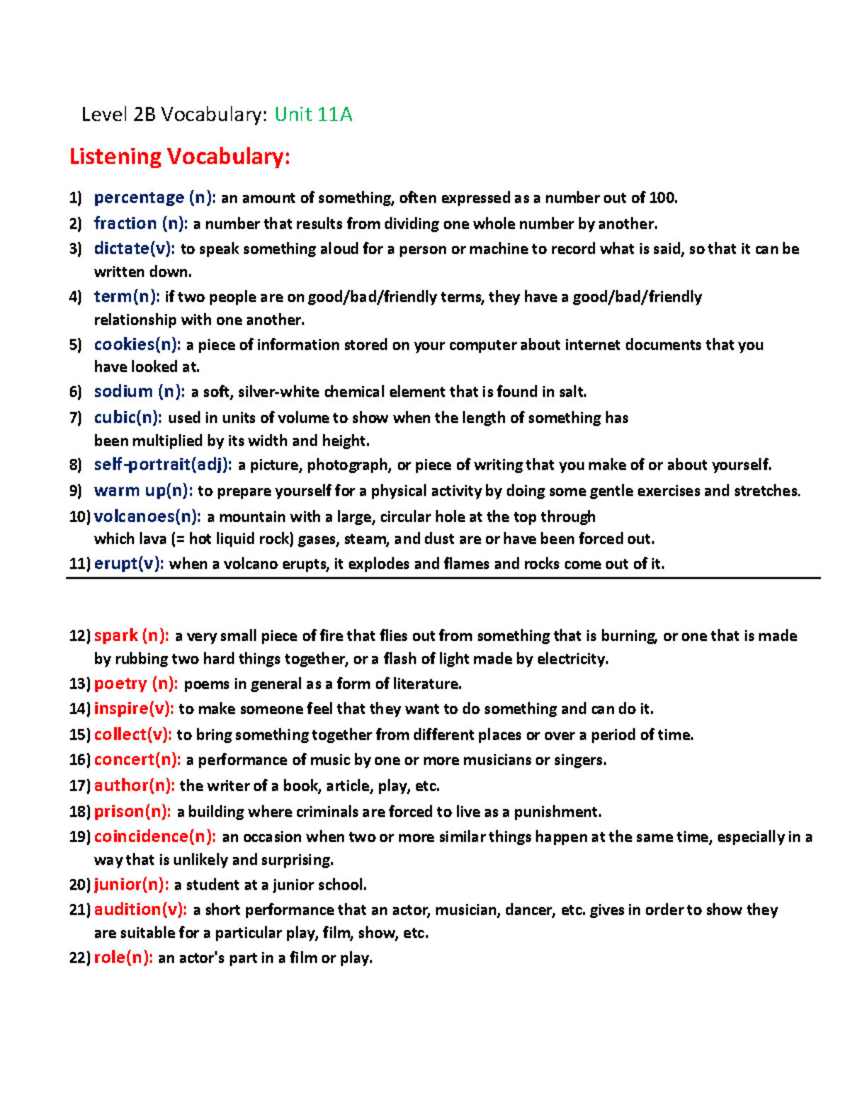 11A Vocab - Level 2B Vocabulary: Unit 11A Listening Vocabulary: 1 ...