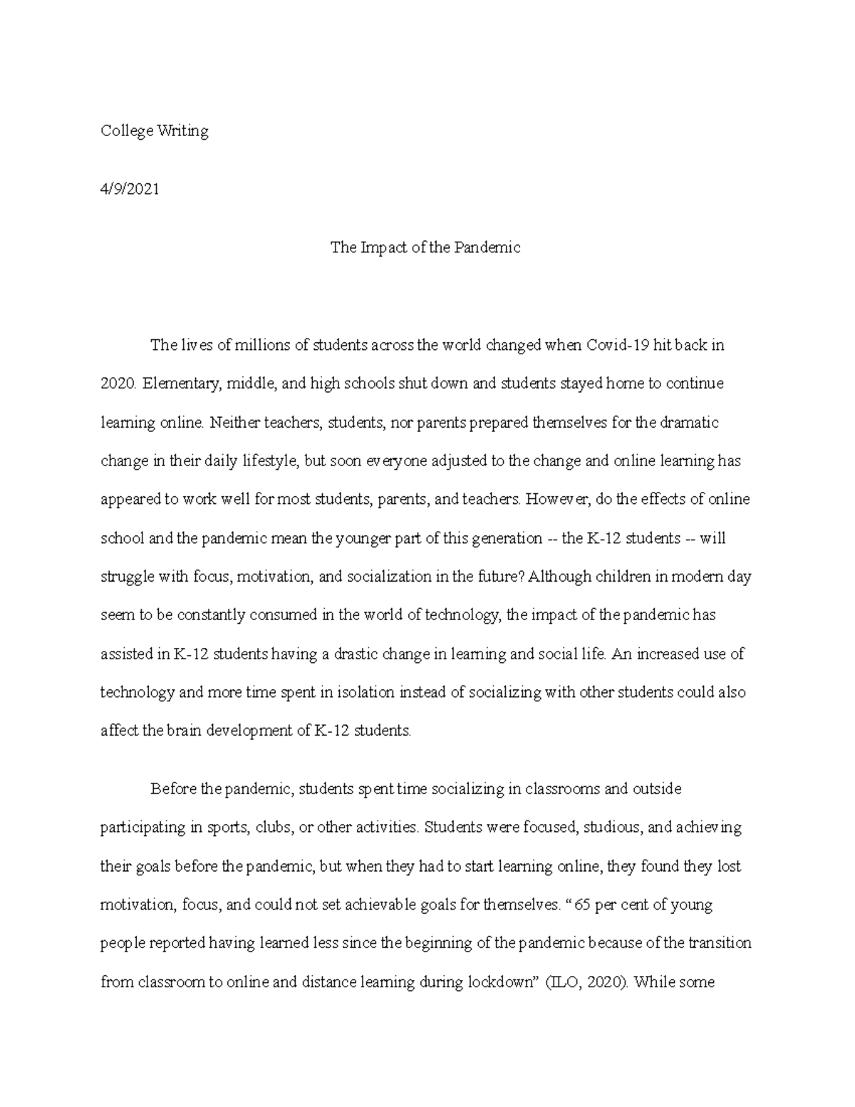 Research Paper Final Draft - College Writing The Impact of the Pandemic ...