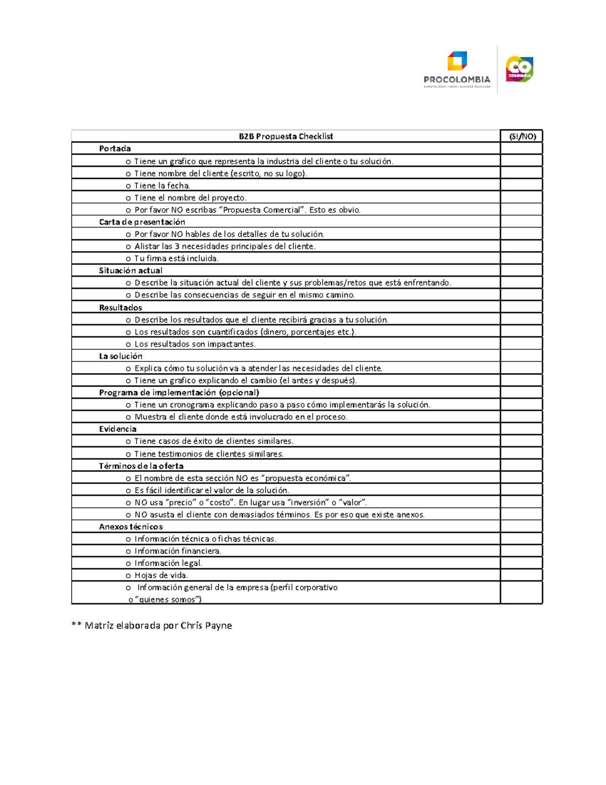 Checklist de una propuesta comercial - ** Matriz elaborada por Chris ...
