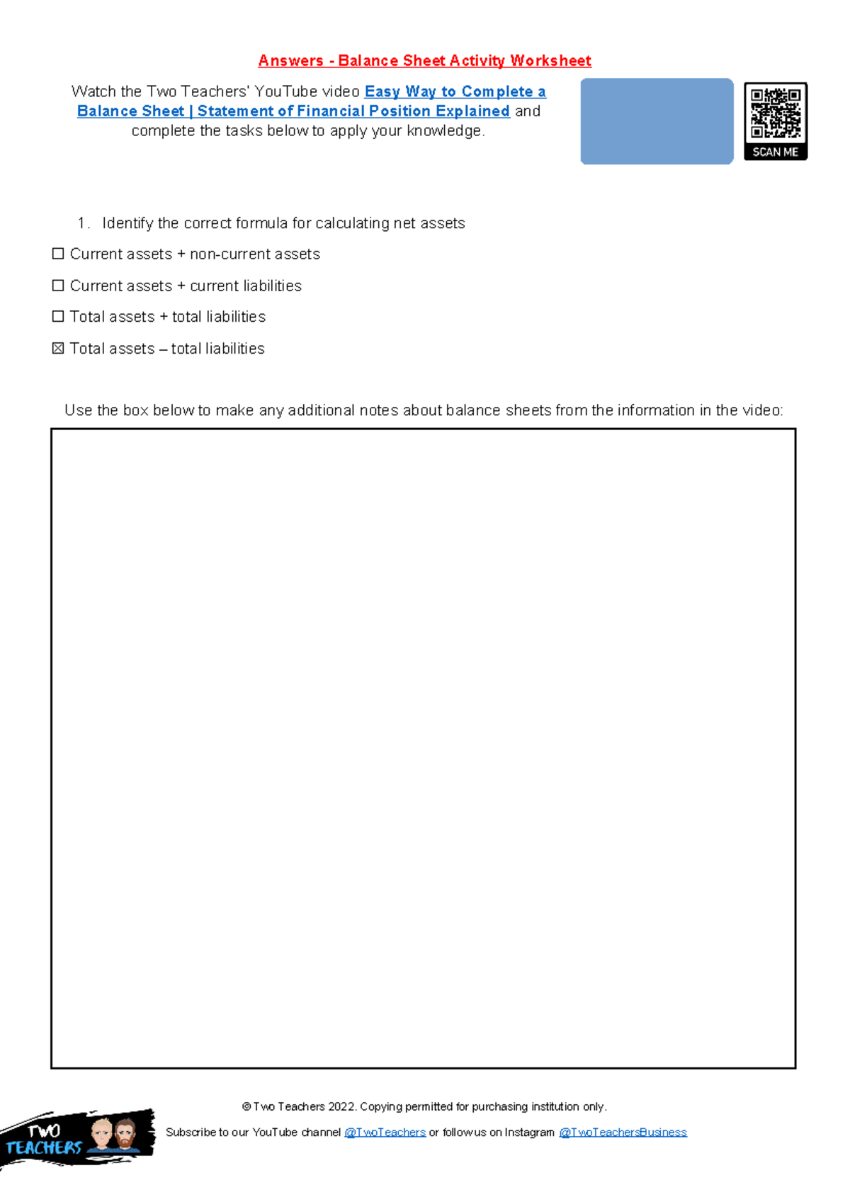 Answers - Balance Sheet Activity Worksheet - 1. Identify the correct ...