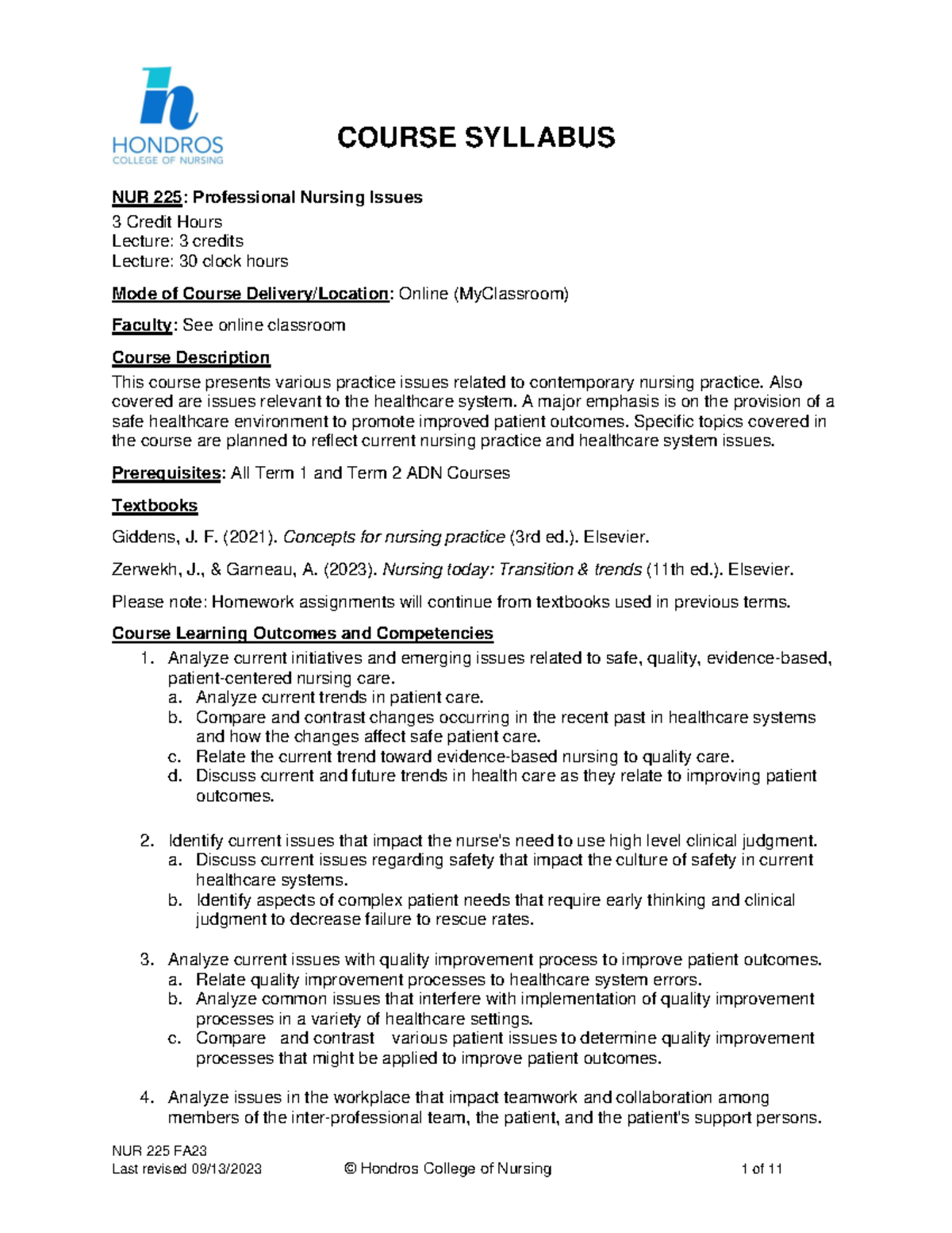 NUR 225 Syllabus FA23 3 - Good - COURSE SYLLABUS NUR 225 FA NUR 225 ...