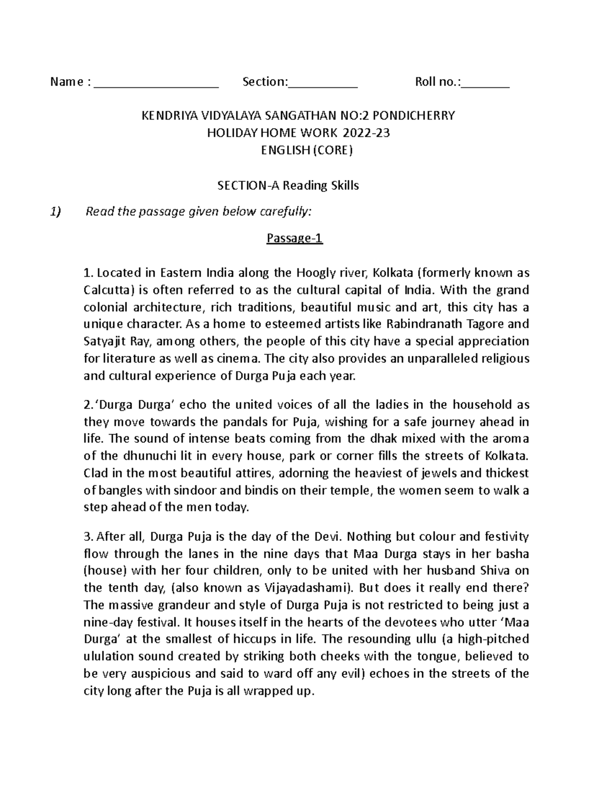 Class XI sample paper english - Name : __________________ Section ...