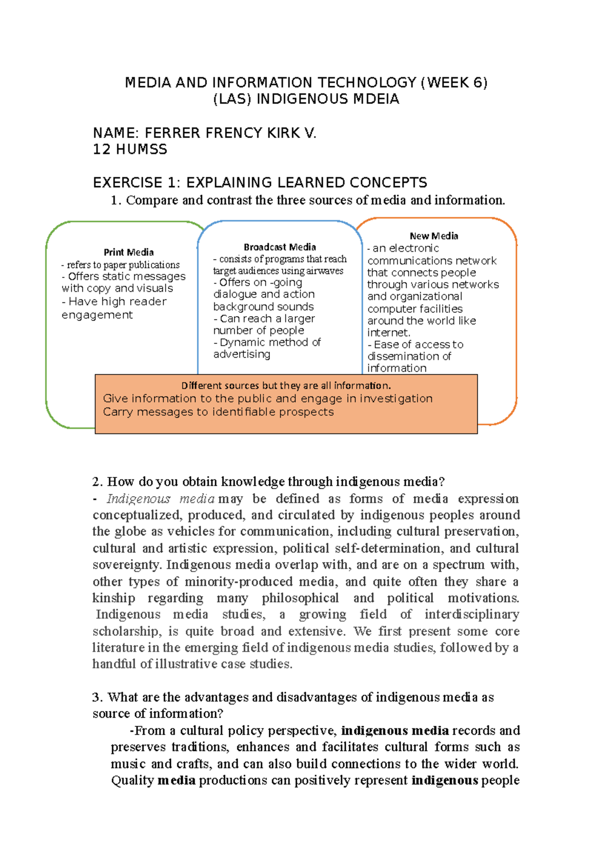 MIL- WEEK 6, Ferrer, Frency - MEDIA AND INFORMATION TECHNOLOGY (WEEK 6 ...