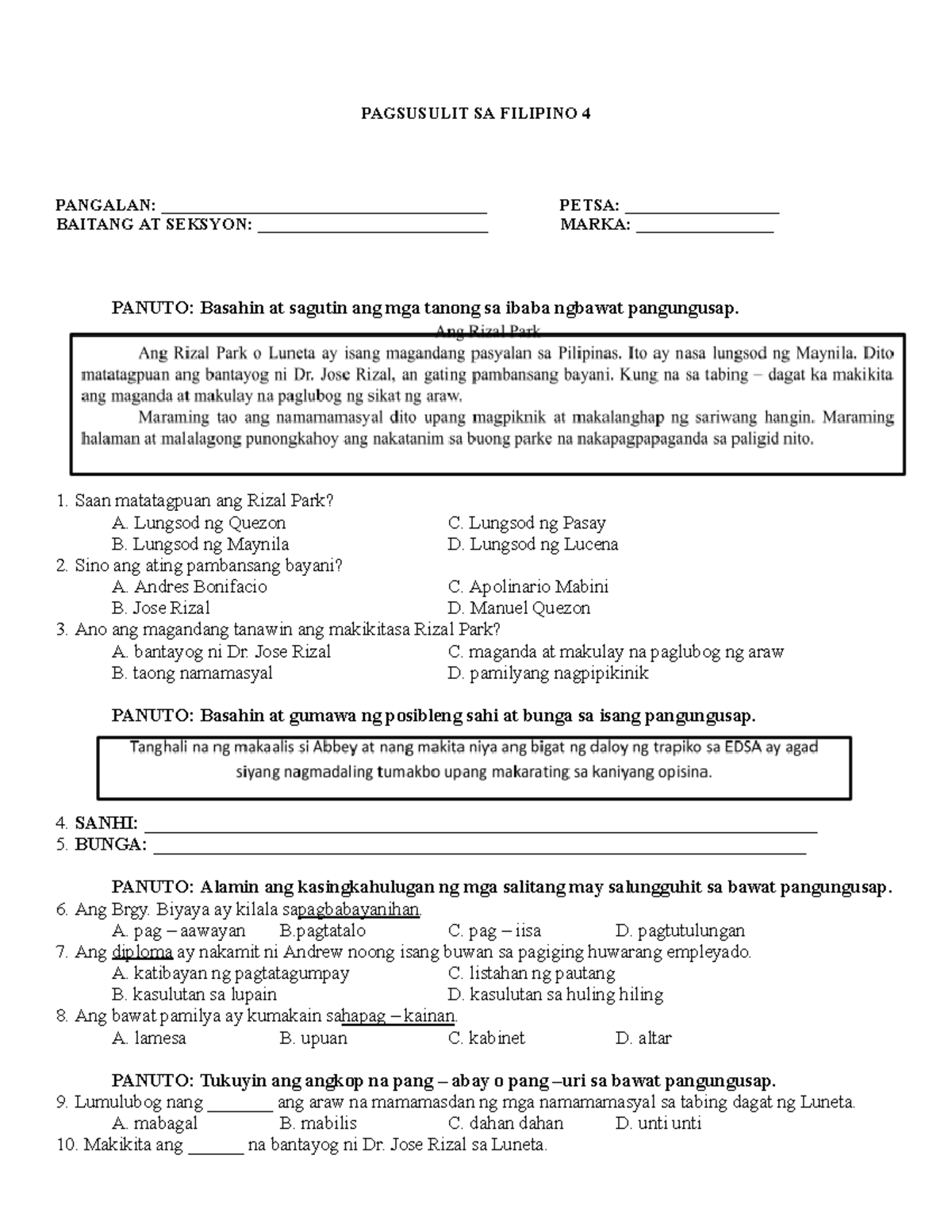 Mock PT Filipino 4 Q3 - PAGSUSULIT SA FILIPINO 4 PANGALAN