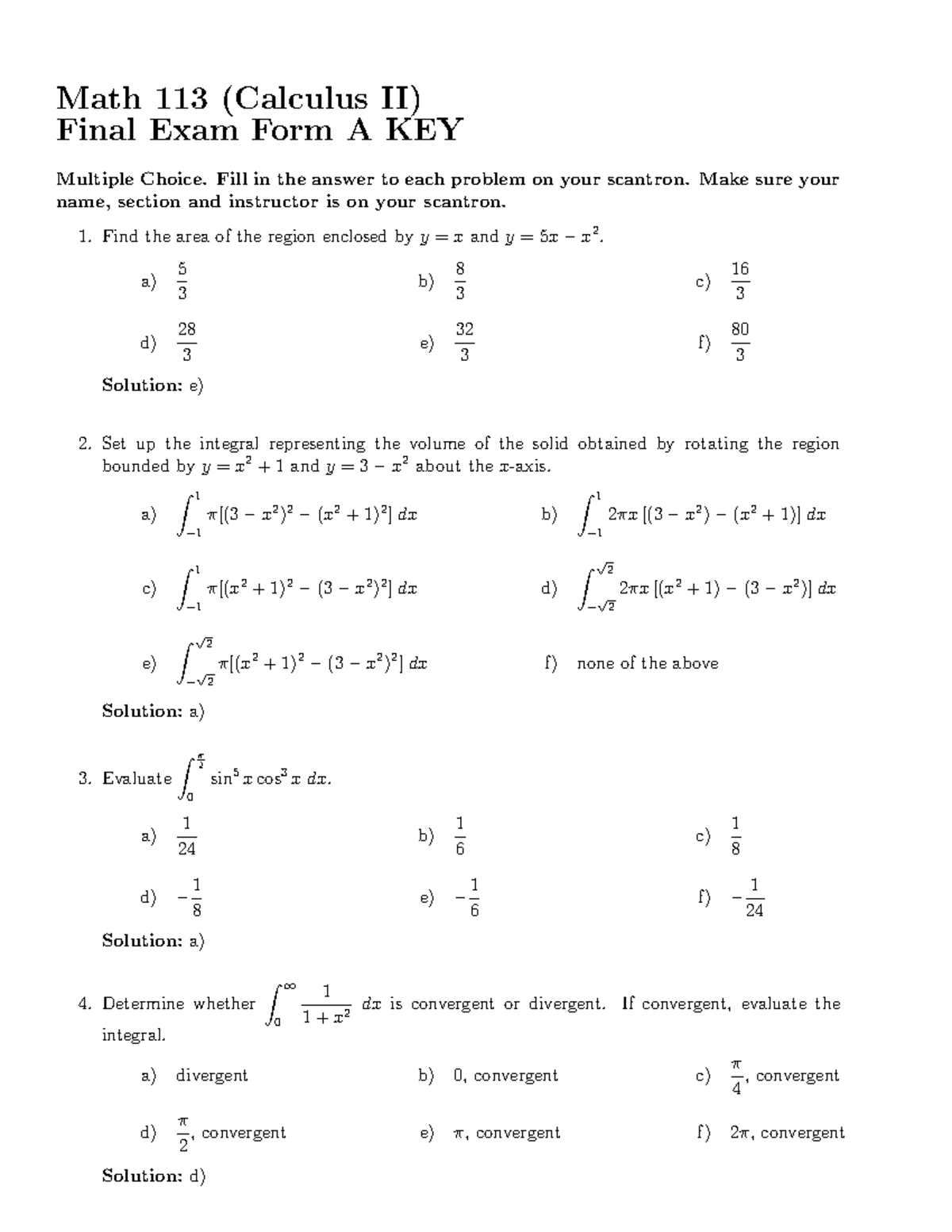 Key W2009 A - final exam practice - Math 113 (Calculus II) Final Exam ...