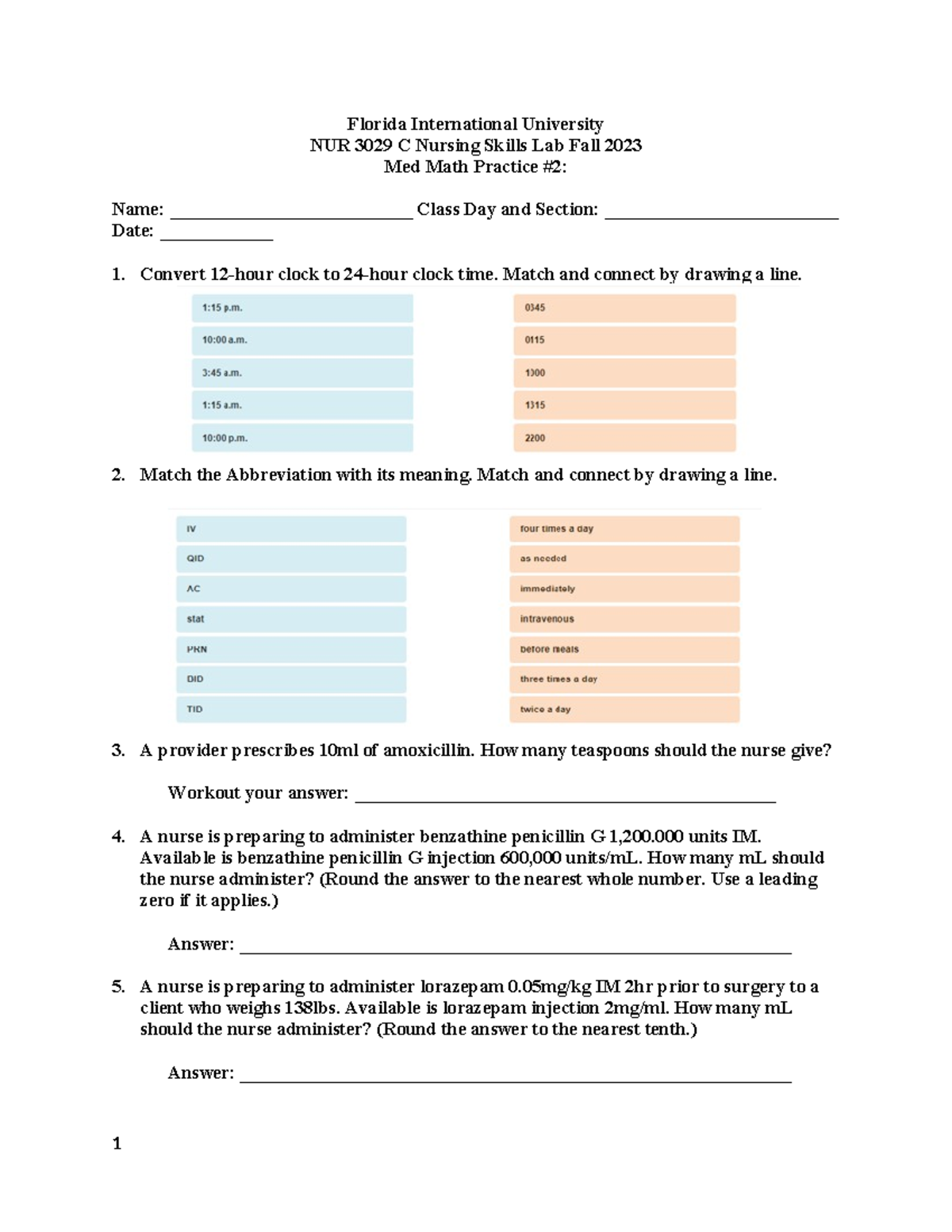 Med math 2 Practice # 2- Fall 2023 Patterson La Croix - Florida ...