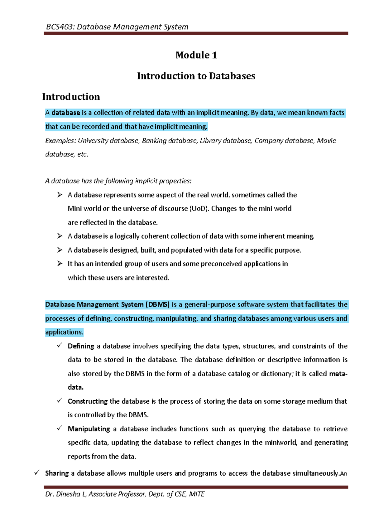 Module 1 Notes BCS403 DBMS - Dr. Dinesha L, Associate Professor, Dept ...