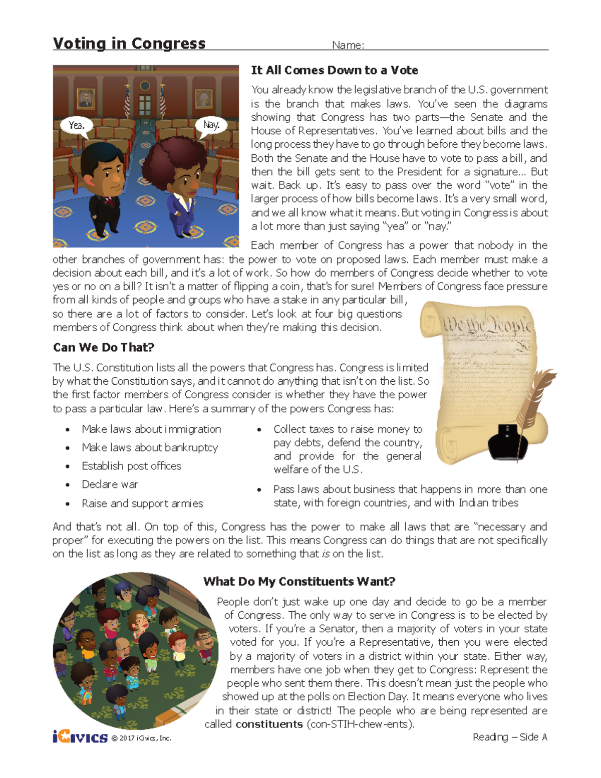 Voting in Congress Student Docs - © 2017 iCivics, Inc. Reading ̶ Side A ...