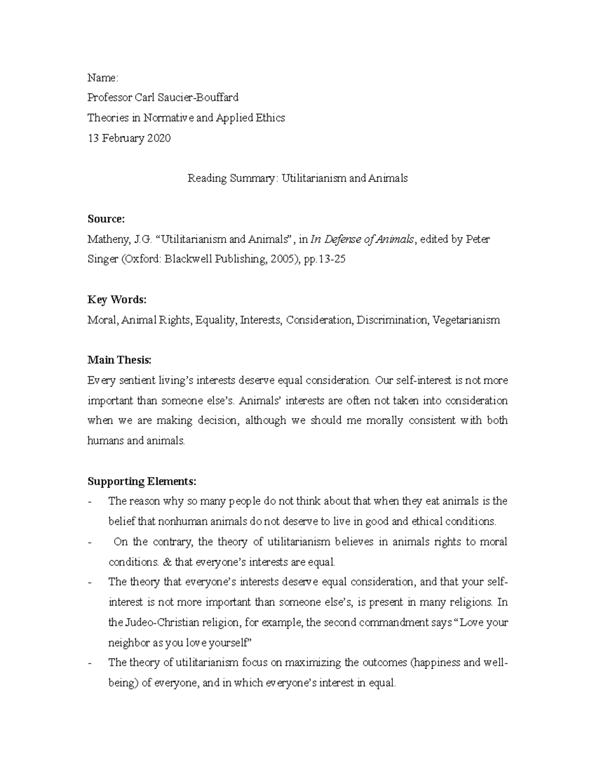 Utilitarianism & Animals - Name: Professor Carl Saucier-Bouffard ...