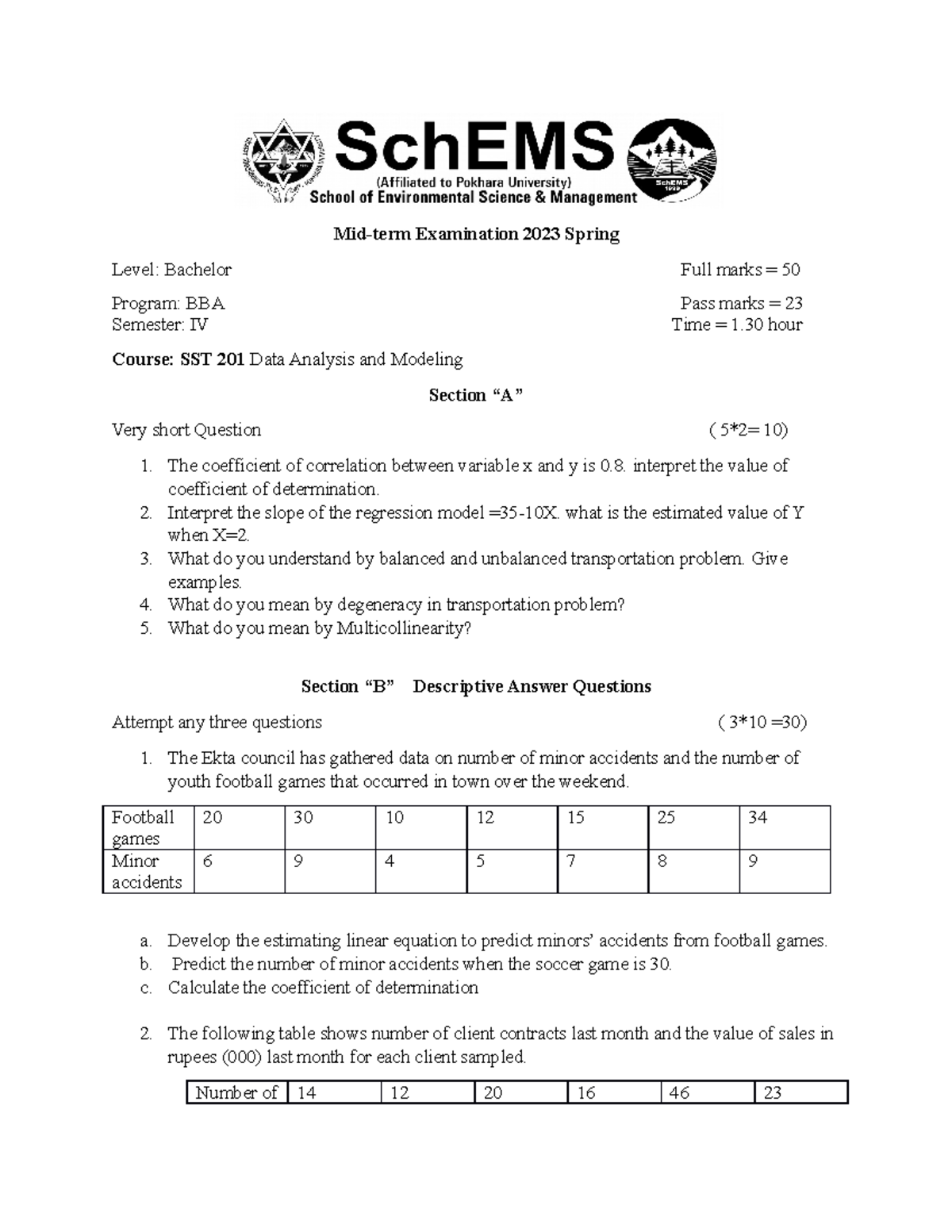 Data Analysis and Modeling - Mid-term Examination 2023 Spring Level ...