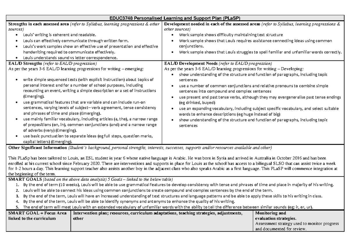 EDUC3748 Personalised Learning and Support Plan - Louis can effectively ...