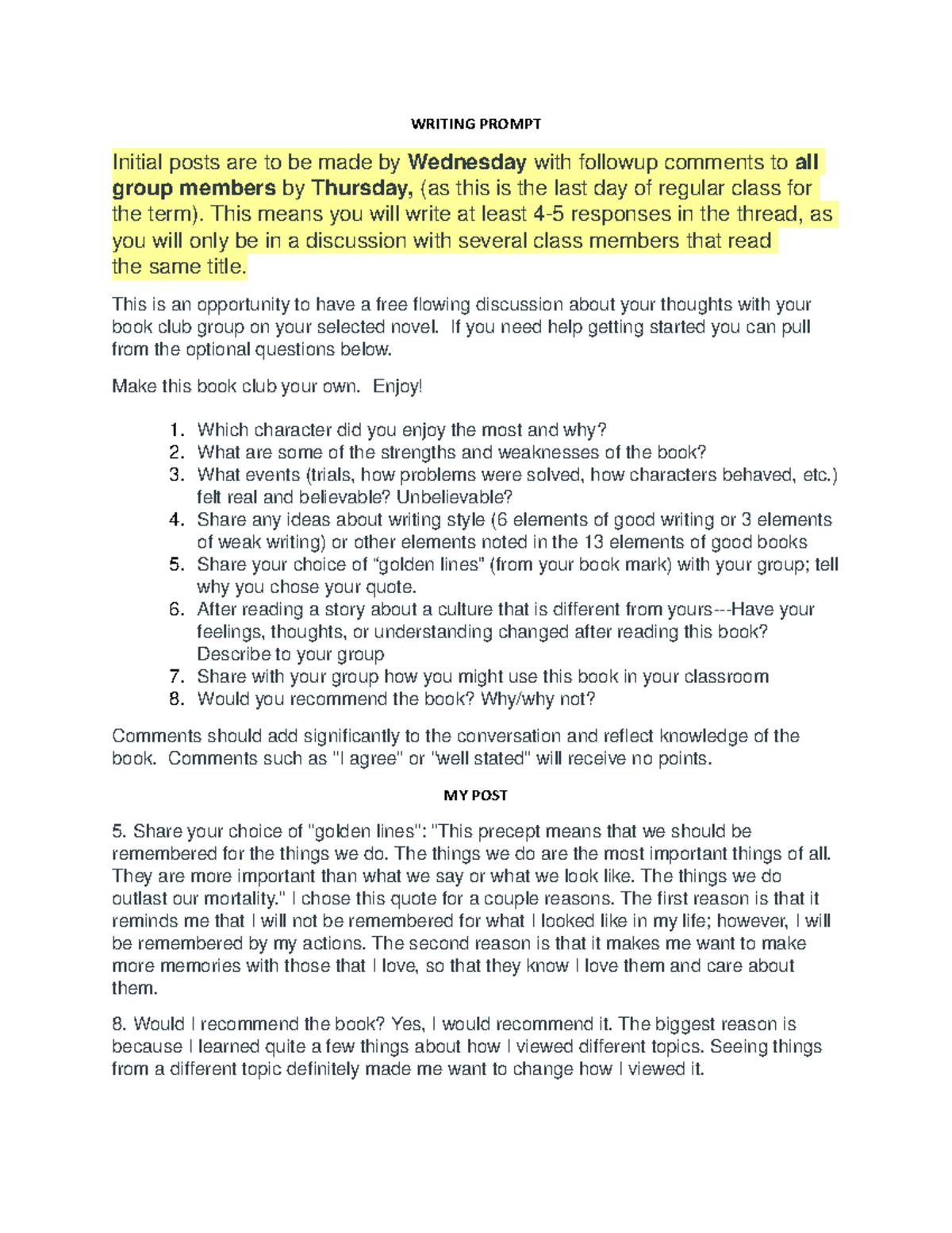 Book Club Wonder Discussion - WRITING PROMPT Initial posts are to be ...