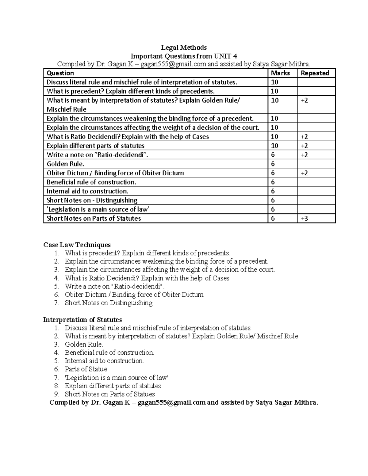 Unit 4 legal methods for students - Legal Methods Important Questions ...